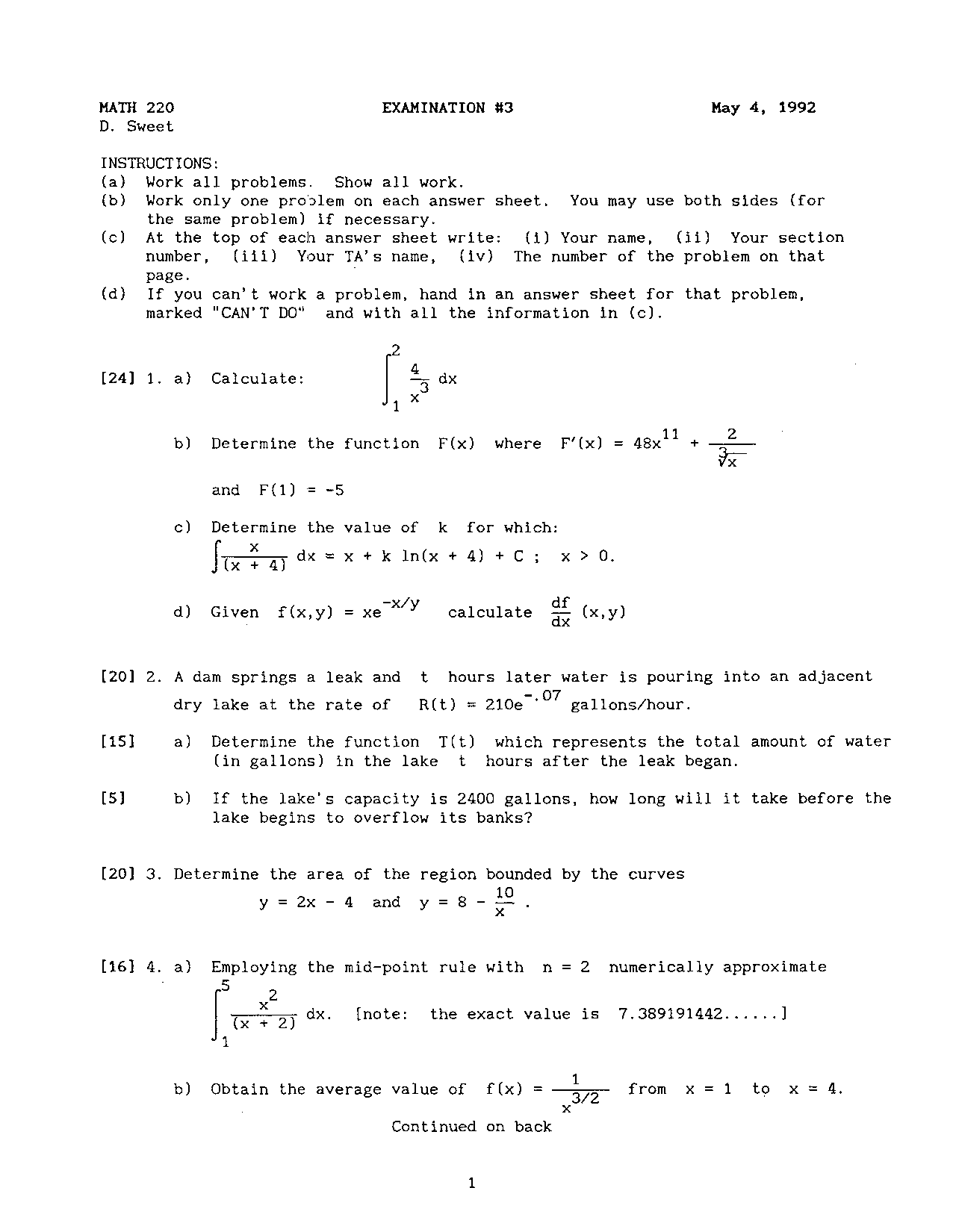 Exam 3 Questions Elementary Calculus I Math 220 Docsity