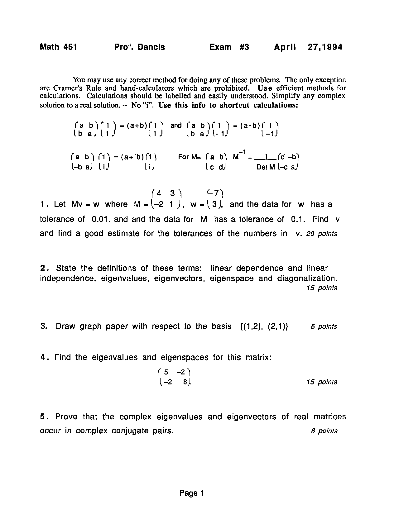 Linear Algebra for Science and Engineering - Exam 1994 | MATH 461 - Docsity