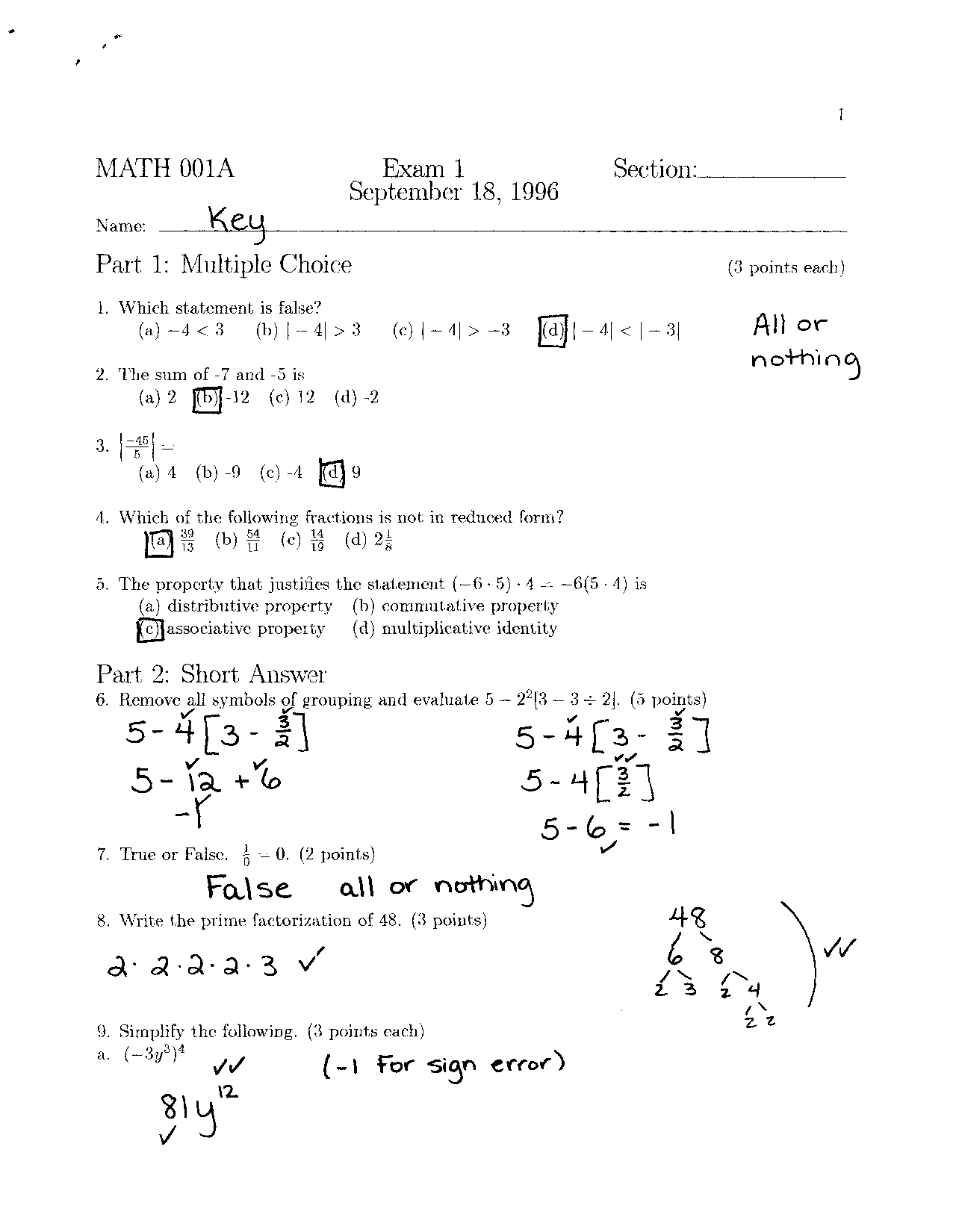 Past Examination 1 with Solutions - Developmental Mathematics | MATH ...