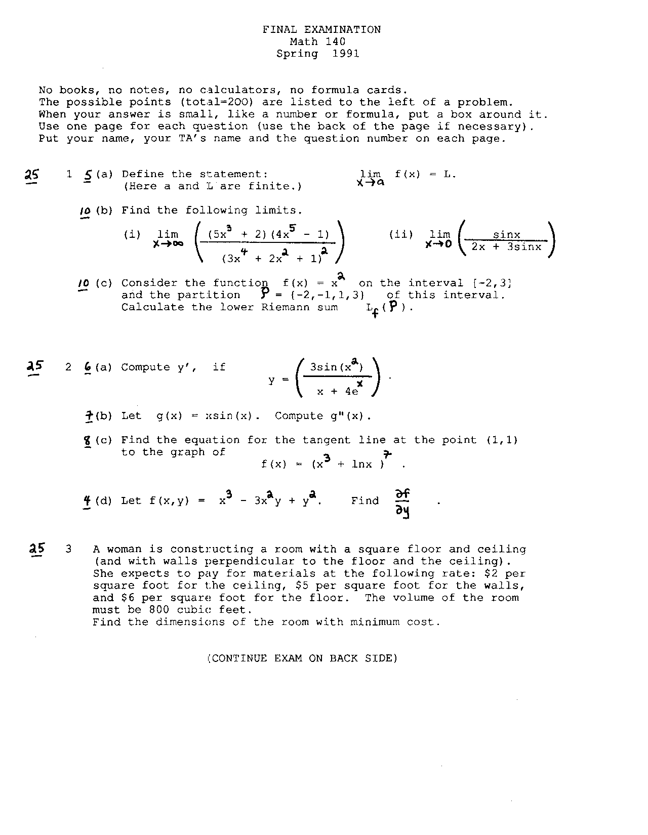 8 Problems In Final Examination Basic Calculus I Math 140 Docsity