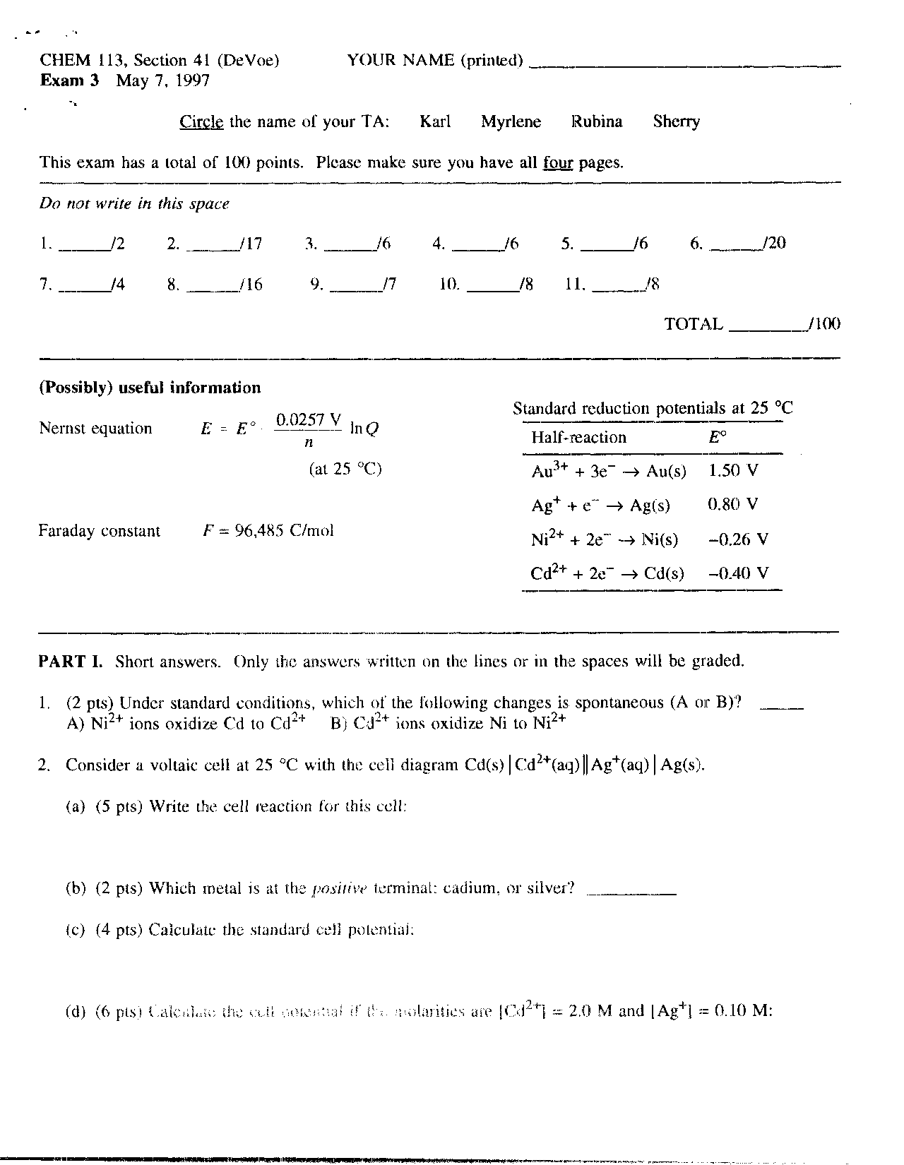 Exam 3 For Fundamentals Of Chemistry I Chem 271 Docsity