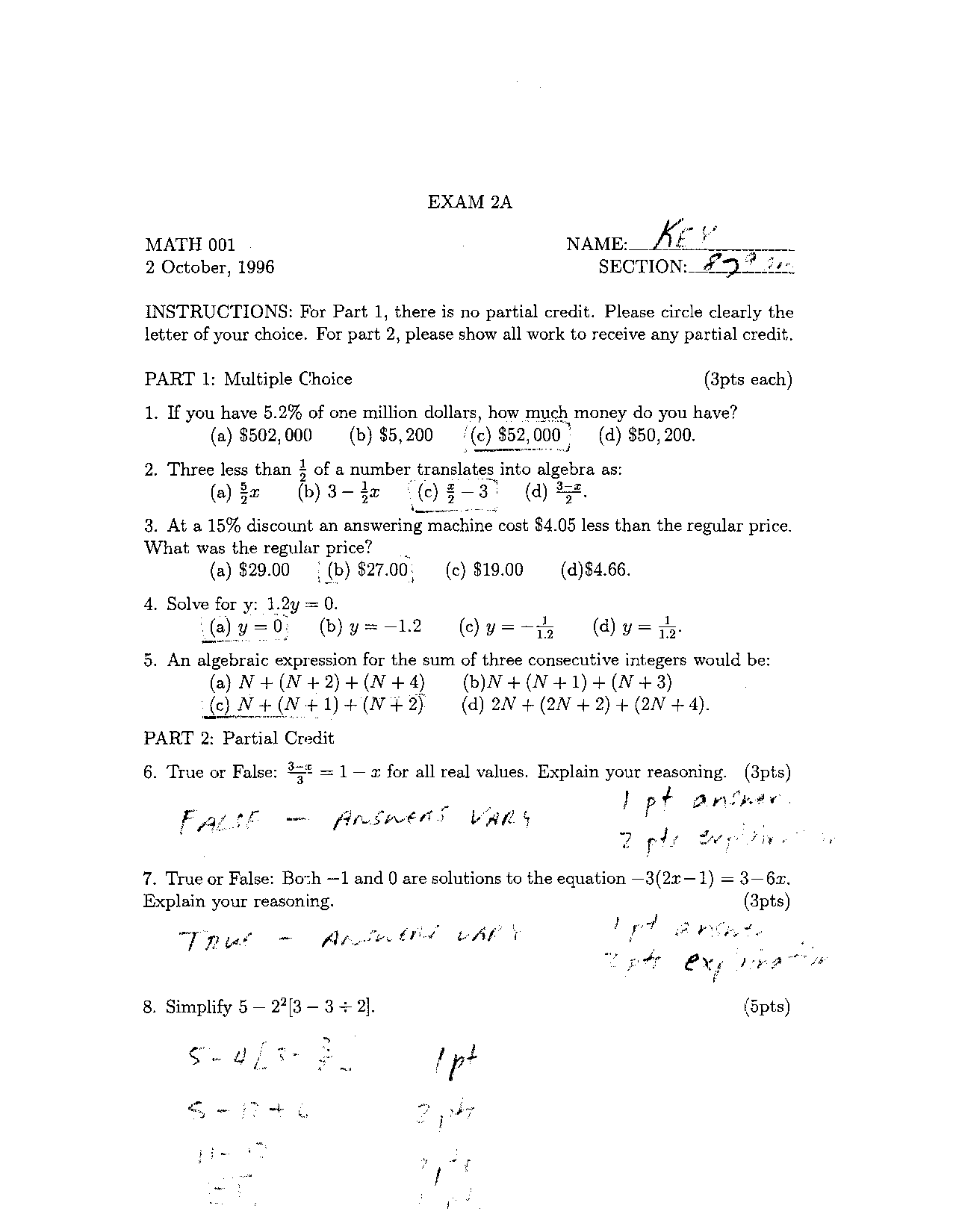 Exam 2a With Answer Key Development Mathematics Math 003 Docsity