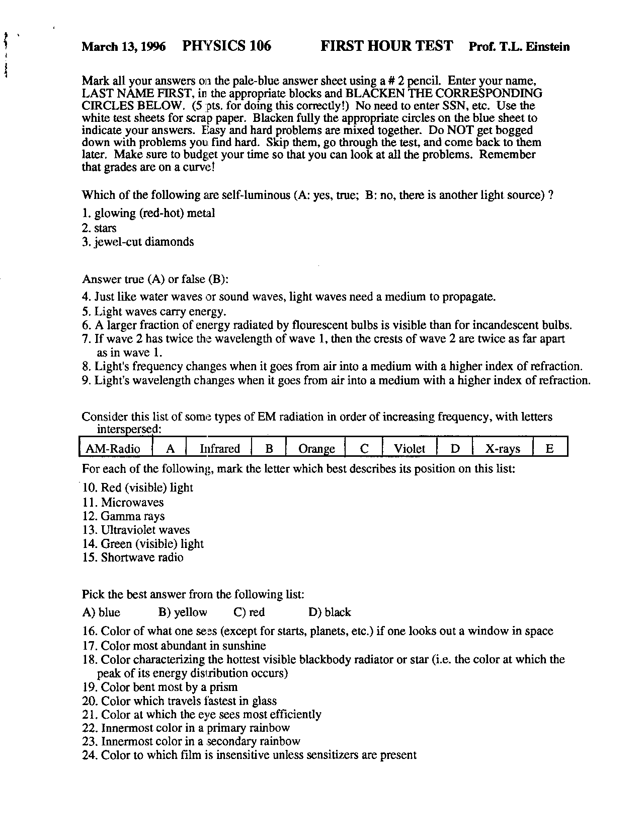 Exam 1 For Light Percept And Phenomenon Phys 106 Docsity
