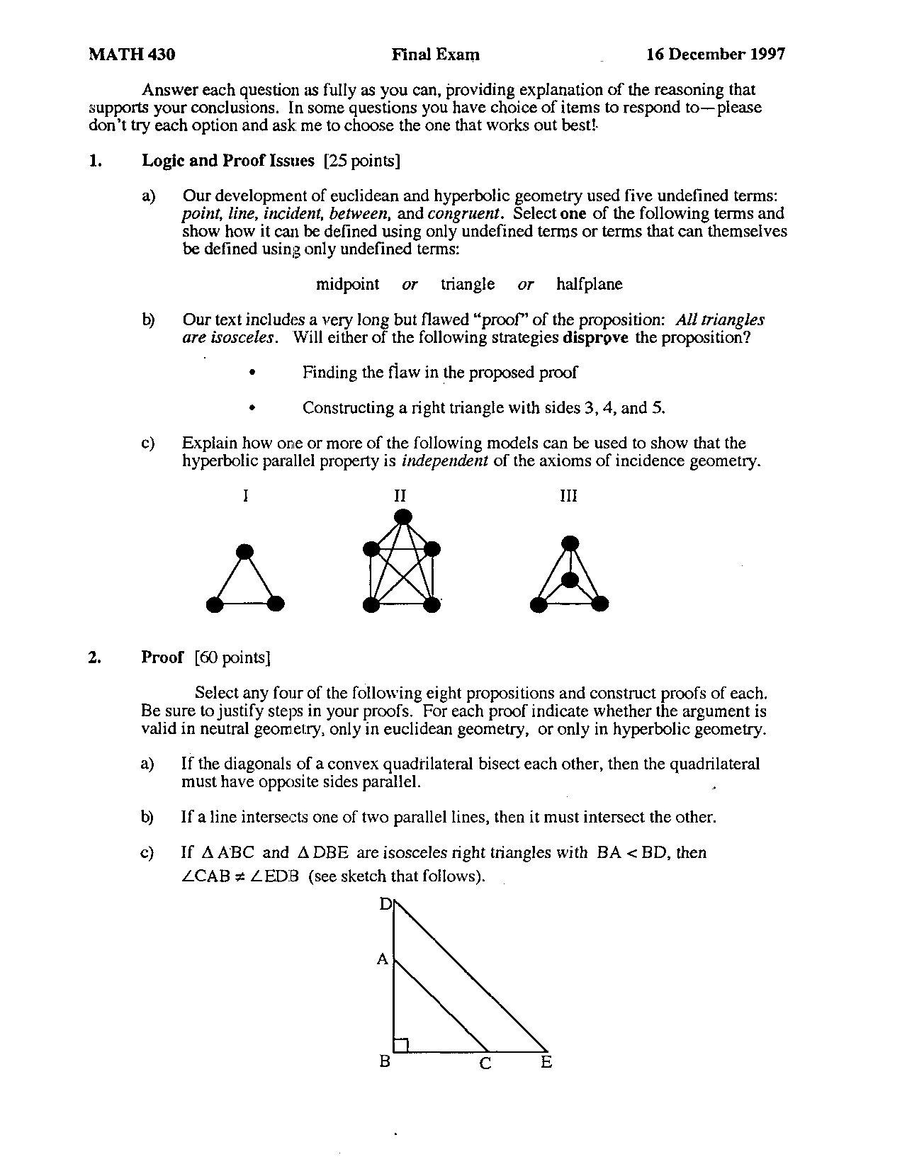 Final Exam Euclidean And Non Euclidean Geometries 1997 Math 430