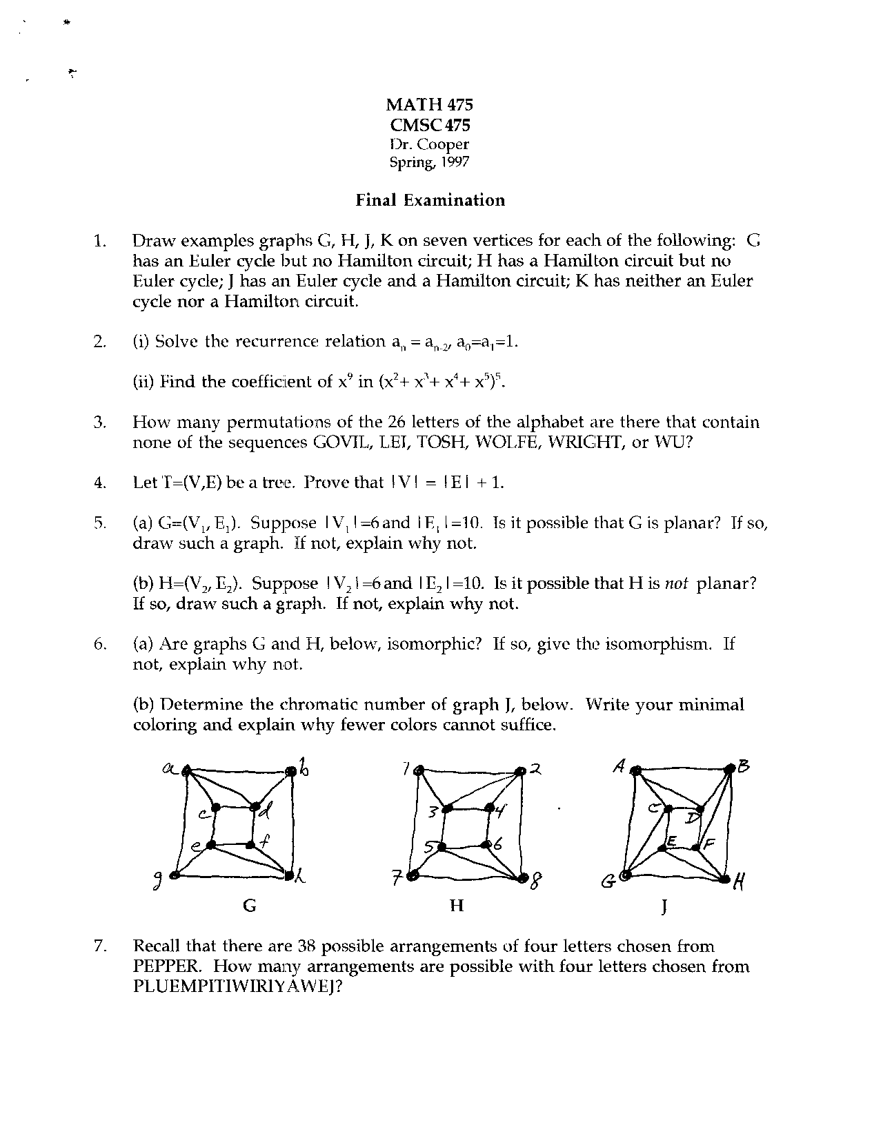 Final Exam With 9 Questions Combinatorics And Graph Theory Math 475