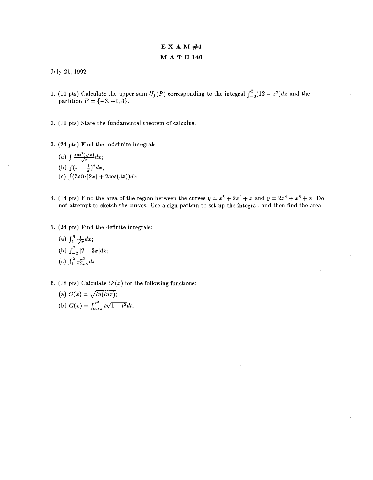 6 Questions in Old Exam 4 - Calculus I | MATH 140 - Docsity