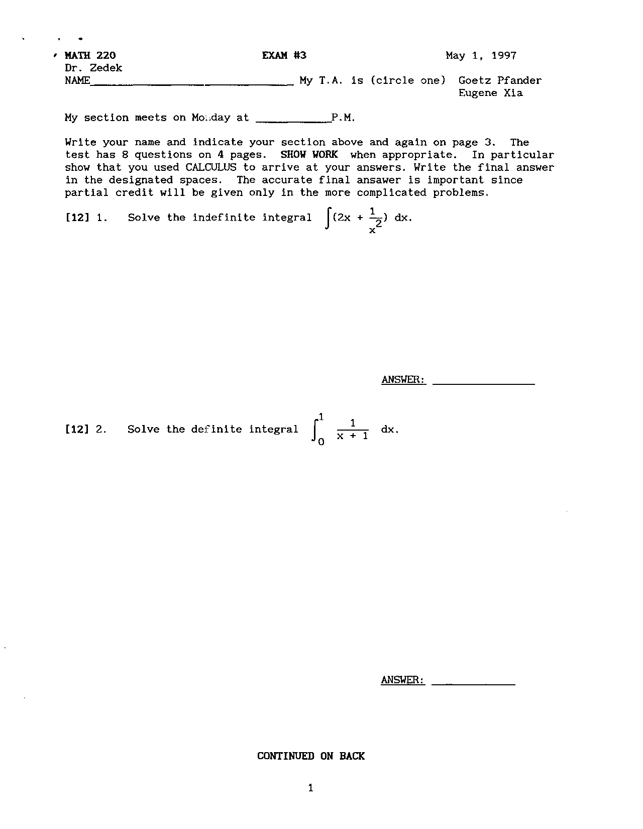 Past Exam 3 Questions Elementary Calculus I Math 220 Docsity