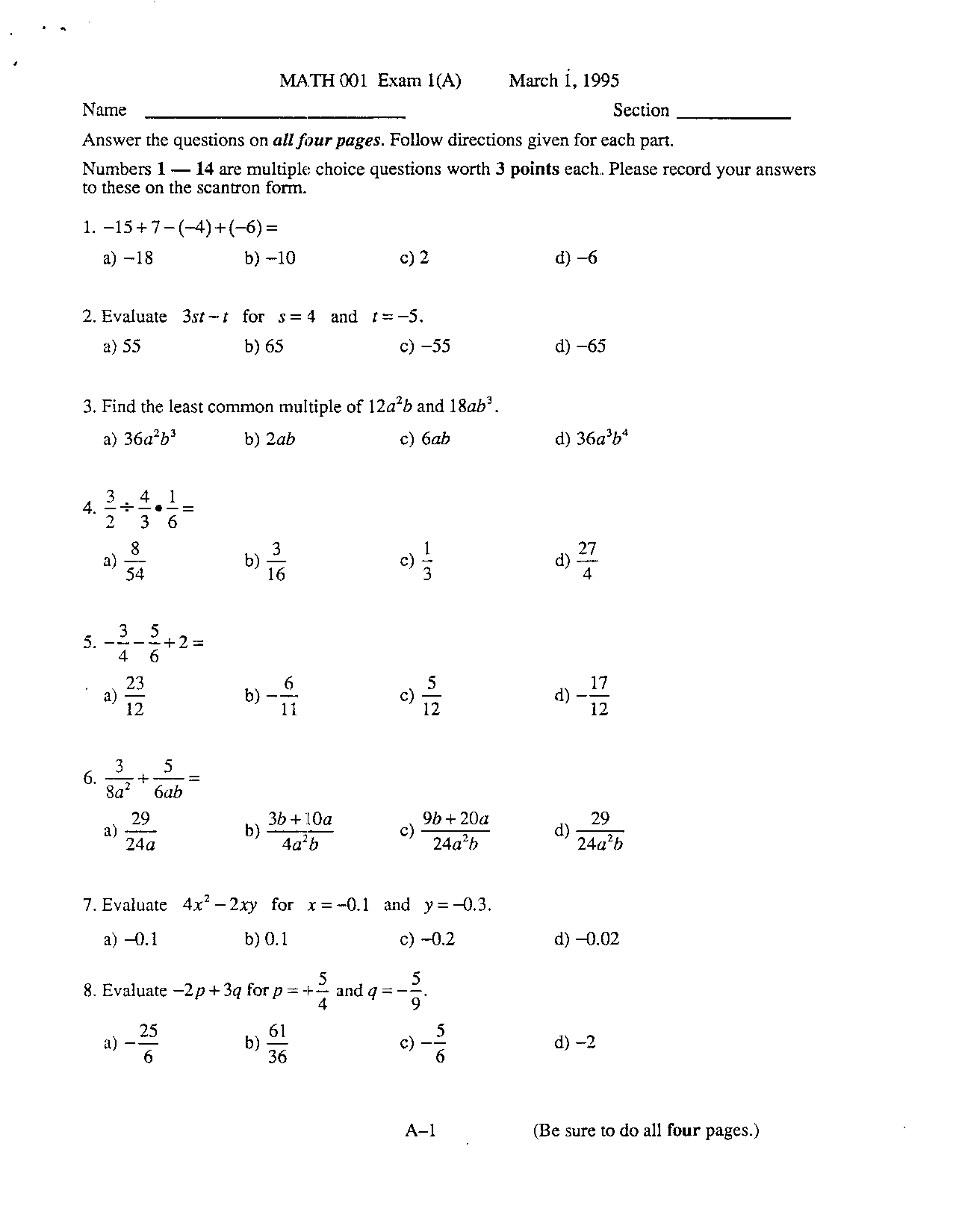 Old Exam 1 Questions Developmental Math 1995 Math 003 Docsity