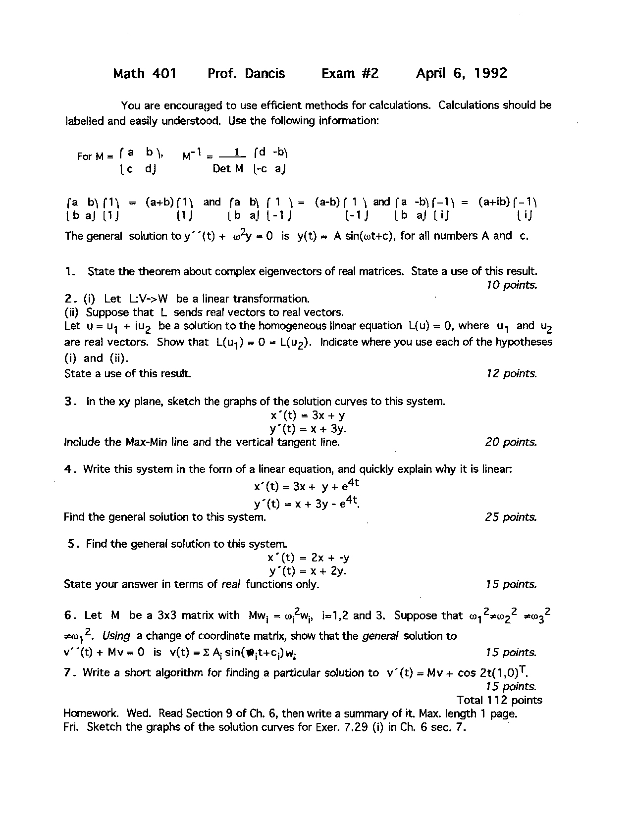 Exam 2 Questions Linear Algebra Math 401 Docsity