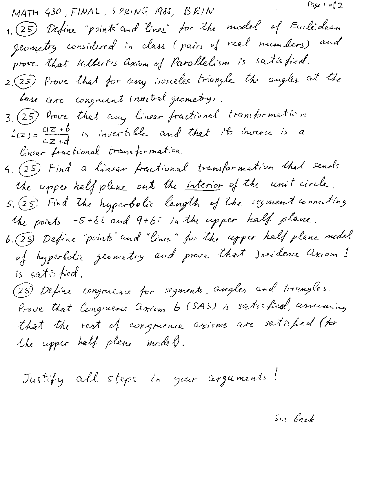 Final Exam For Euclidean And Non Euclidean Geometries Math 430 Docsity
