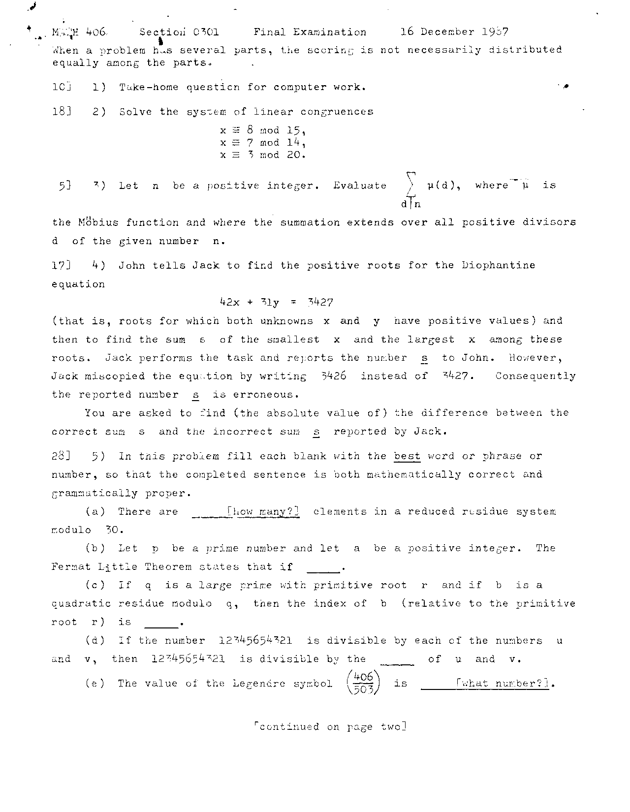 Past Final Exam Paper - Introduction to Number Theory | MATH 406 - Docsity