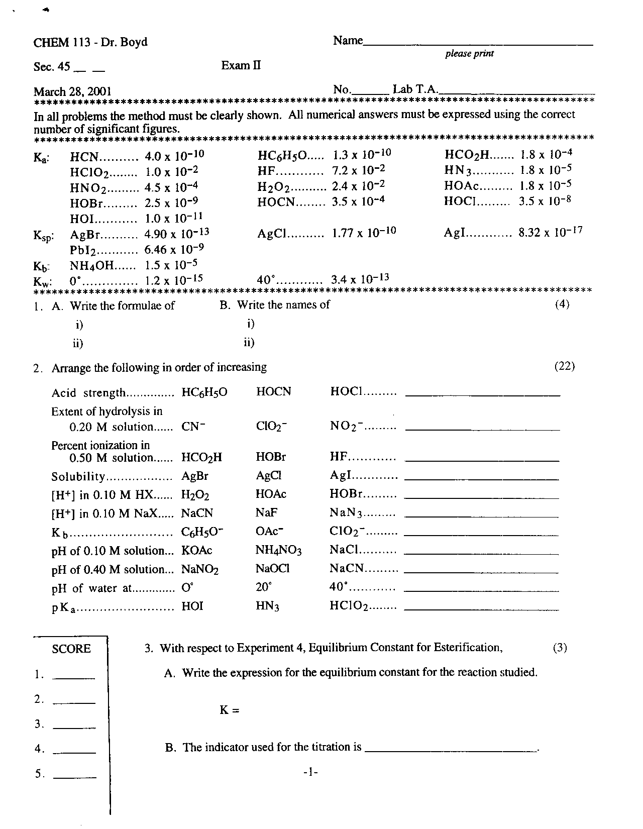 Exam 2 For Fundamentals Of Chemistry I Chem 271 Docsity