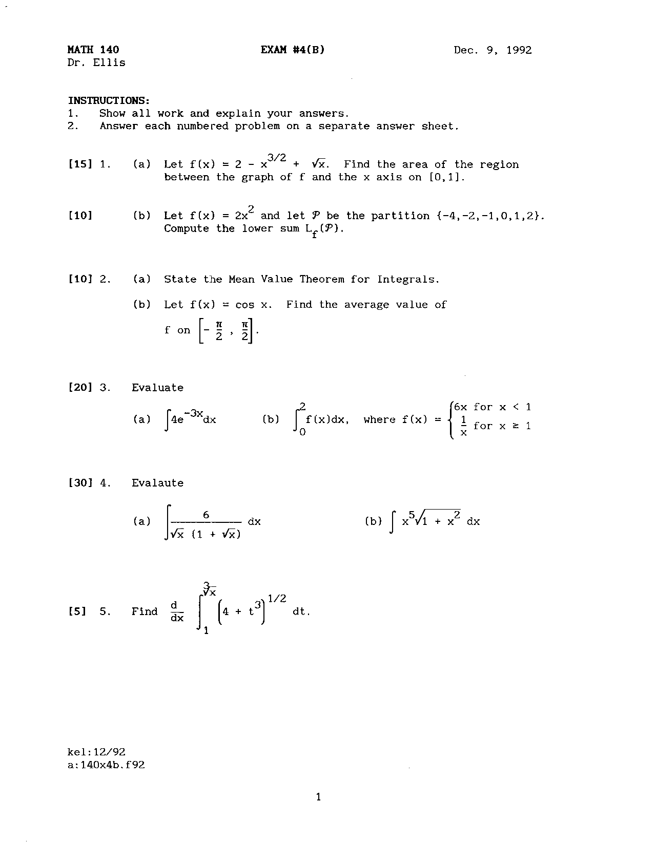 Calculus I - Exam 4 to Solve 1992 | MATH 140 - Docsity