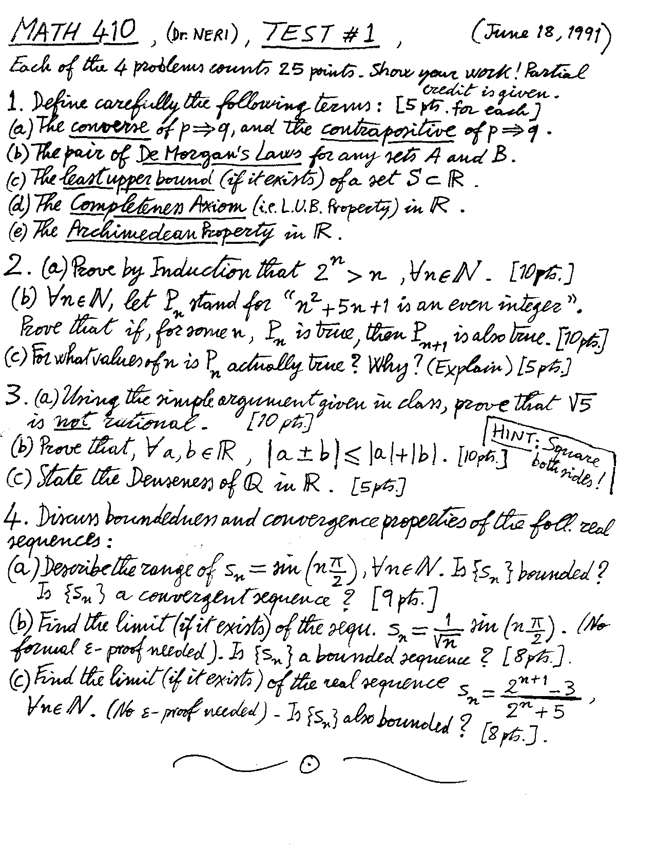 Test 1 Problems Advanced Calculus I Math 410 Docsity