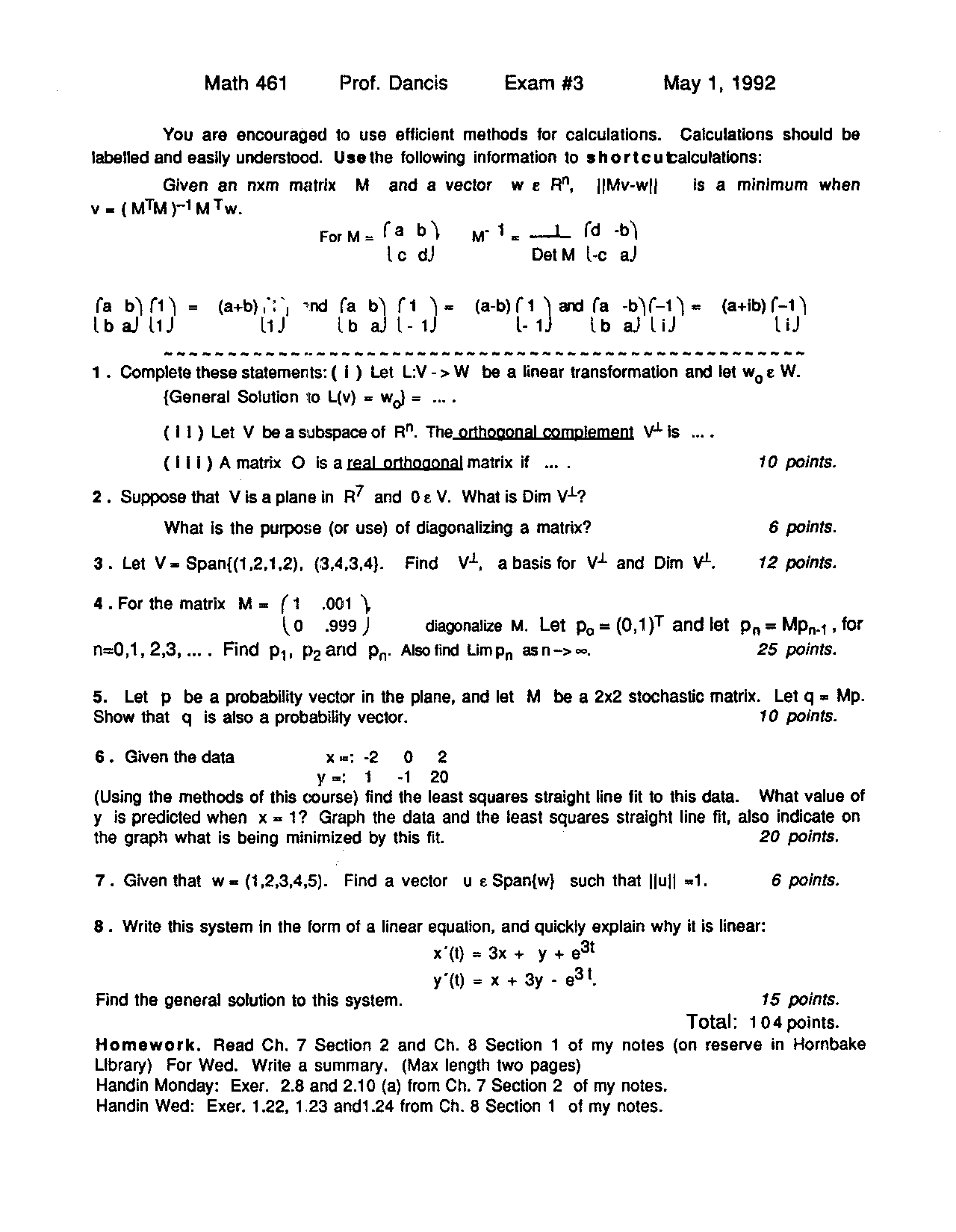 Exam 3 Questions Linear Algebra For Scientists And Engineers 1992