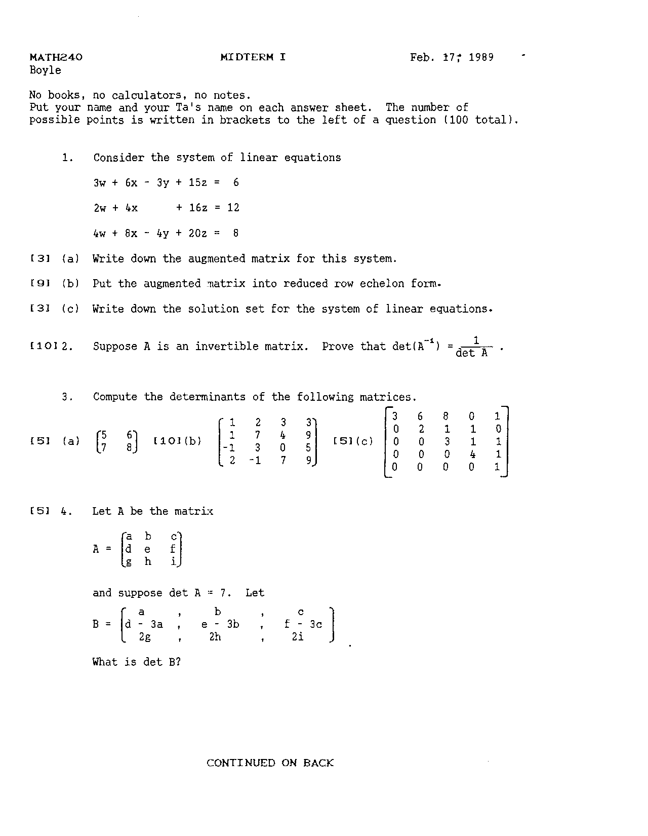 Midterm Questions Introduction To Linear Algebra 1989 Math 240
