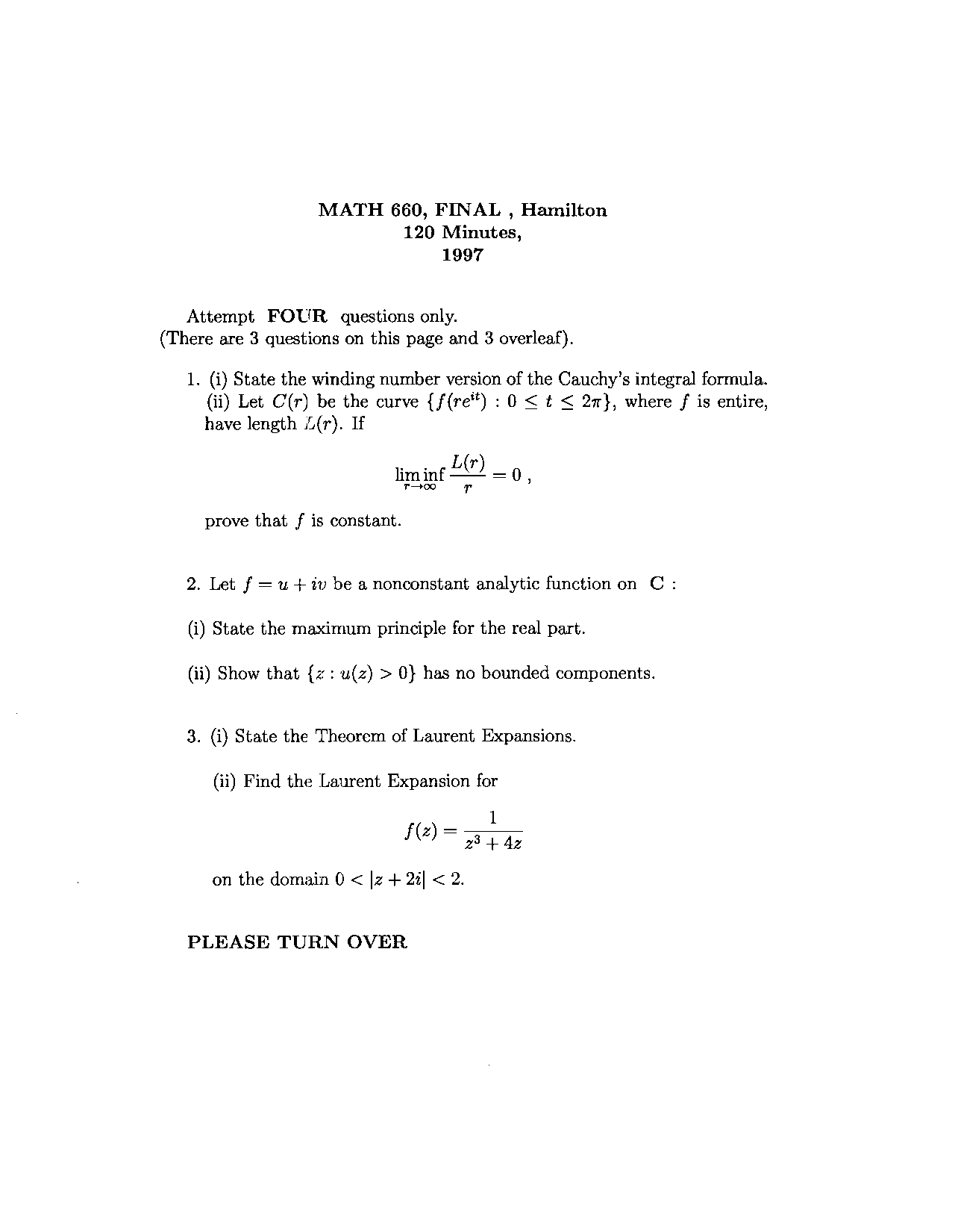 Final Exam Complex Analysis I Math 660 Docsity