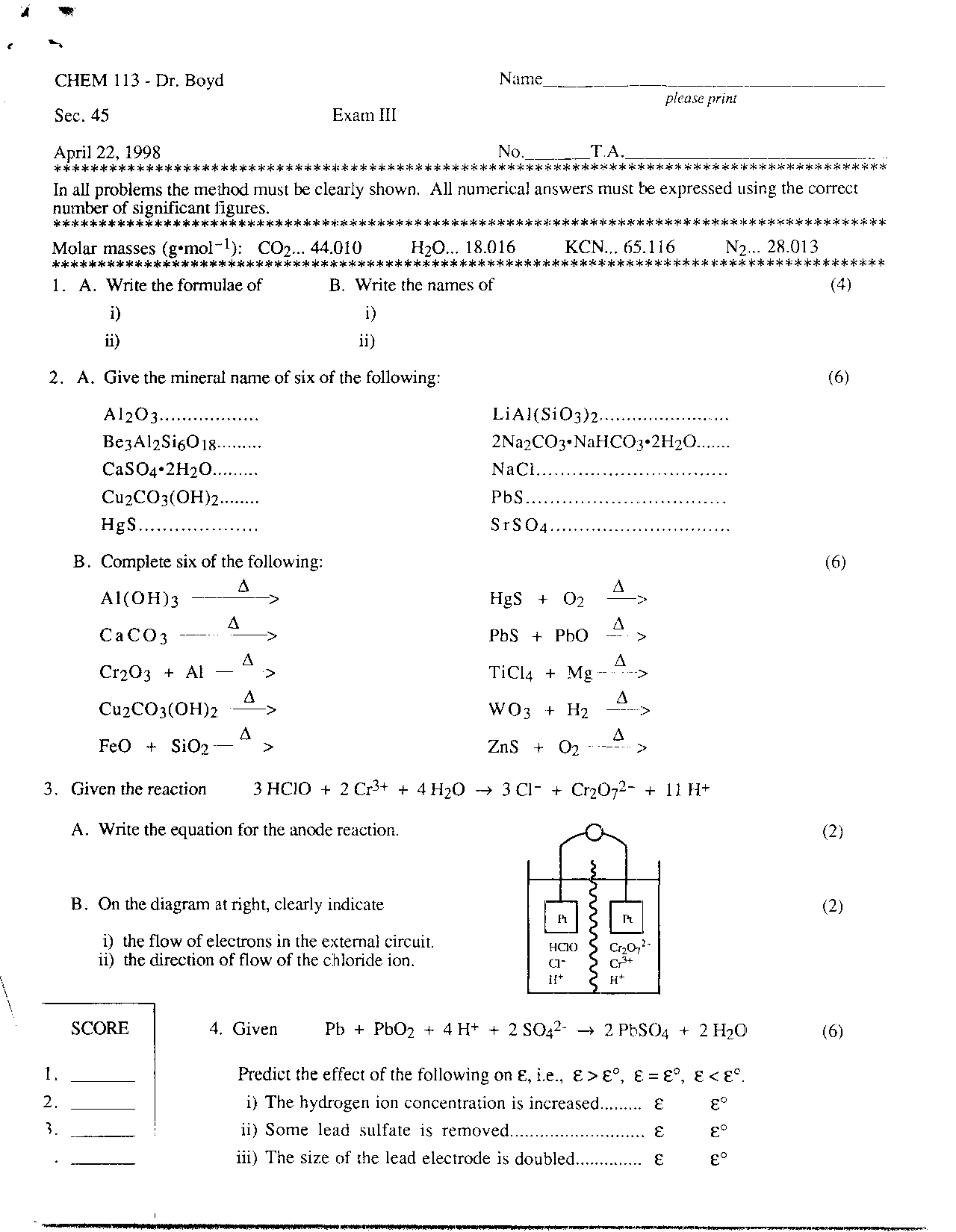 Exam Iii For Fundamentals Of Chemistry Ii Chem 271 Docsity