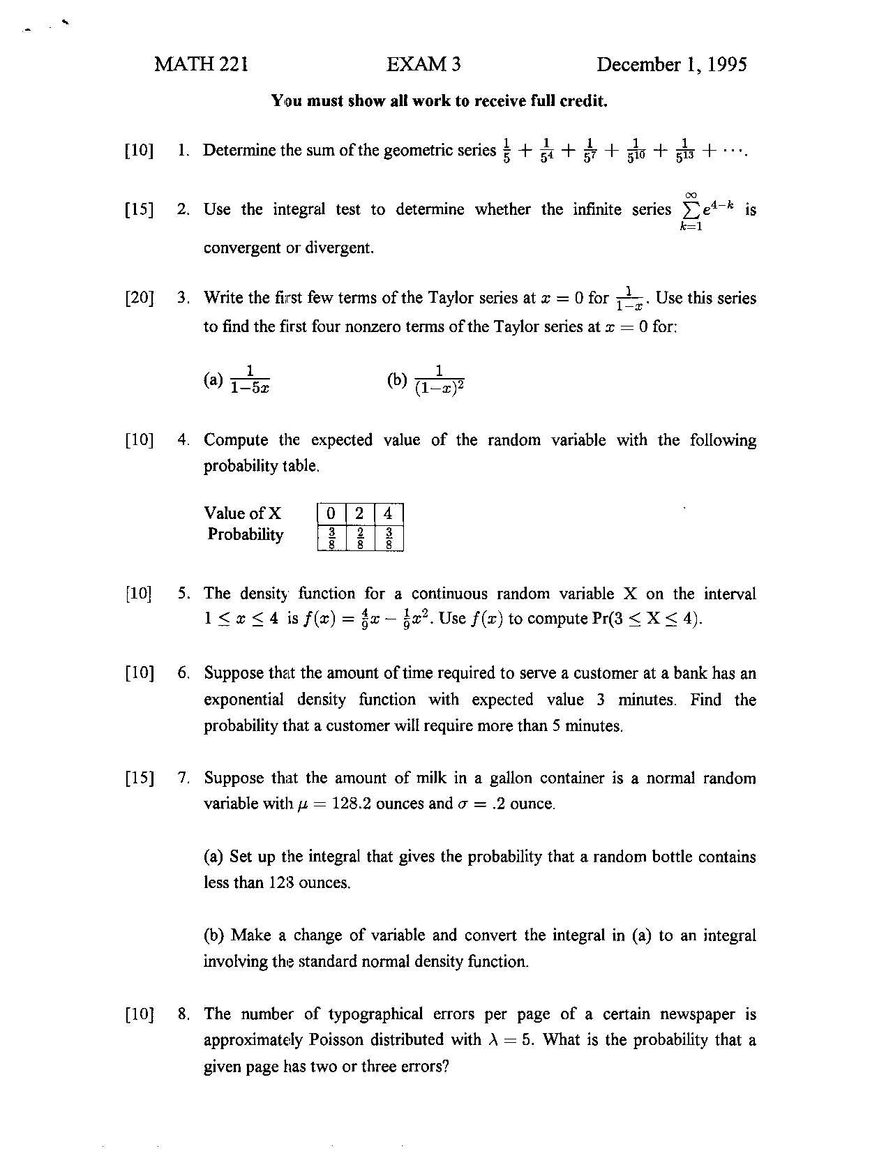 Exam 3 Questions Elementary Calculus Ii Math 221 Docsity