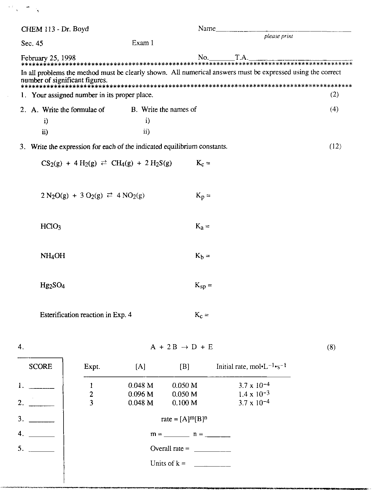 Practice Exam 1 - General Chemistry I | CHEM 113 - Docsity