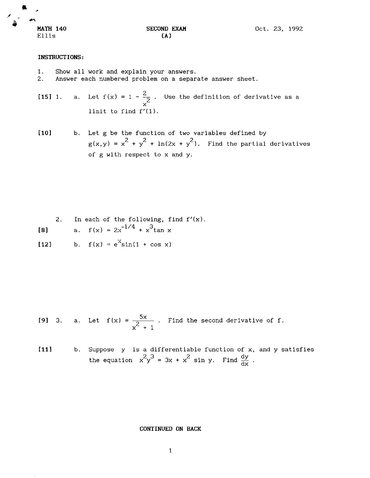 5 Problems in Examination 2 - Basic Calculus I | MATH 140 - Docsity