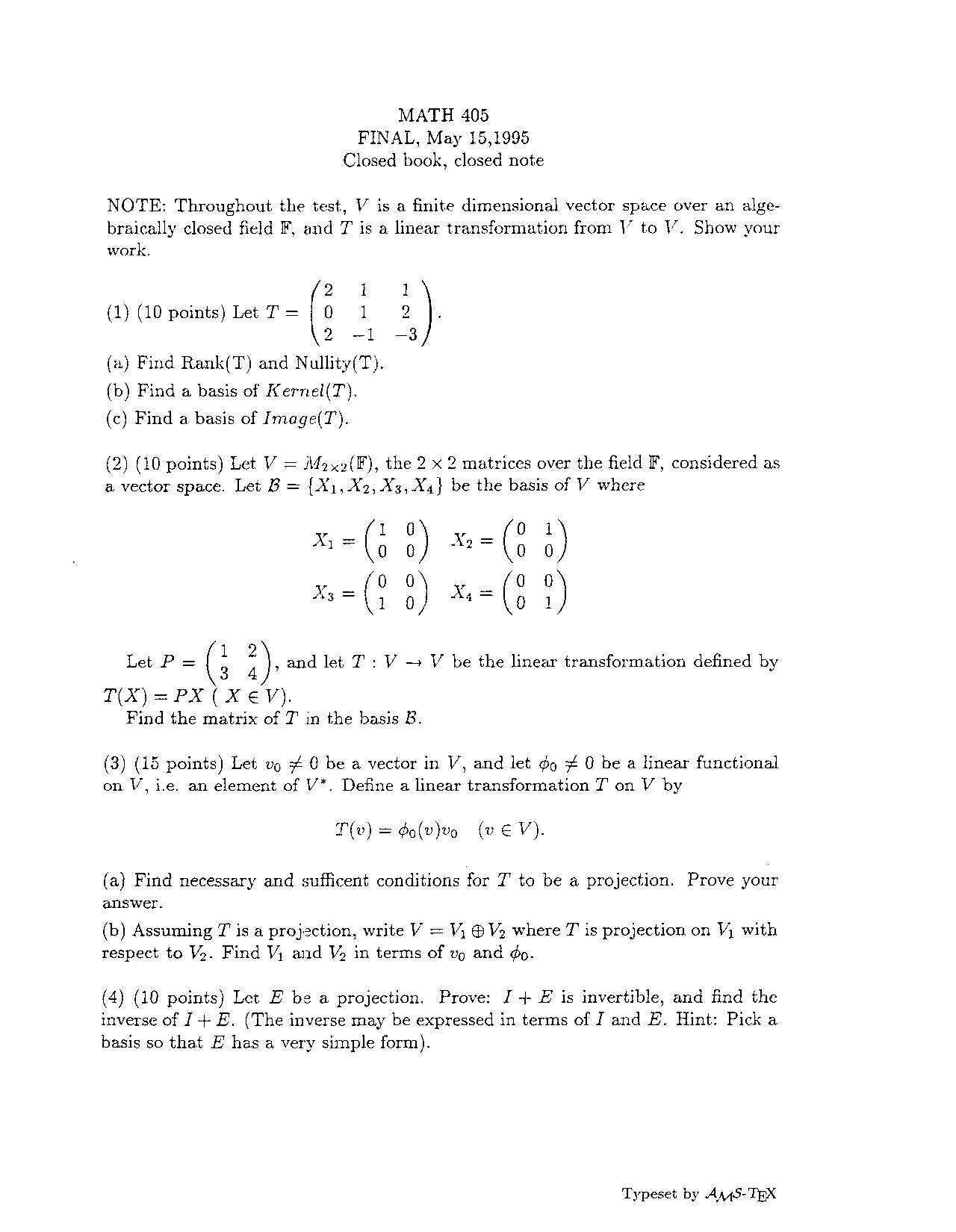 8 Questions on Linear Algebra - Practice Final Exam | MATH 405 - Docsity