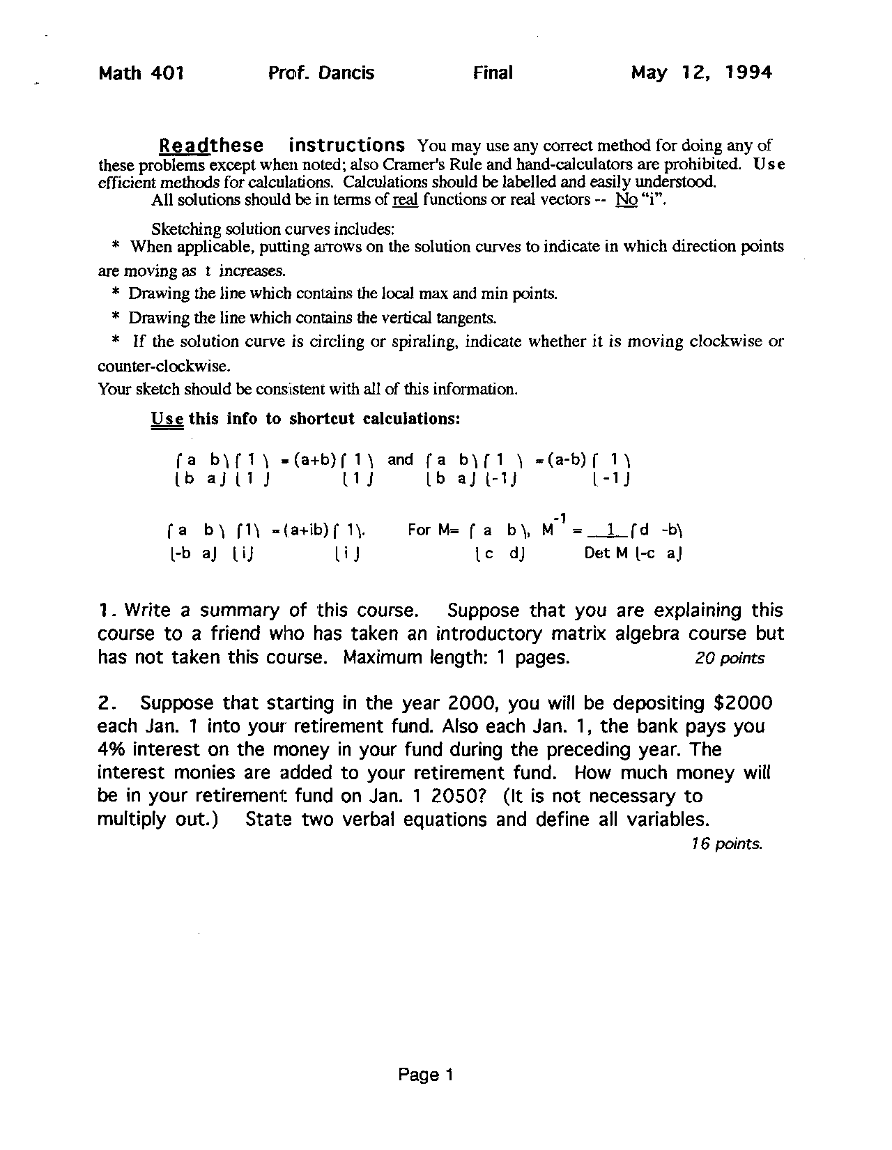 Old Final Exam Applications Of Linear Algebra Fall 1994 Math 401