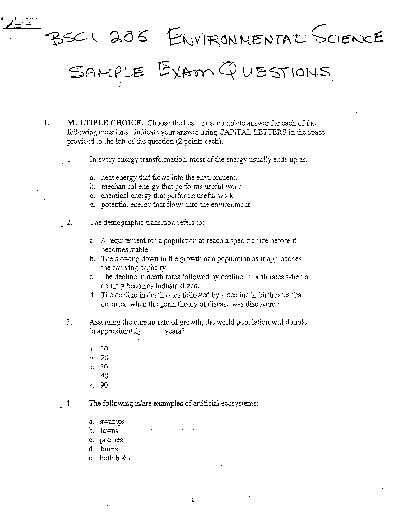 14 Questions In Environmental Science Exam Bsci 205 Docsity