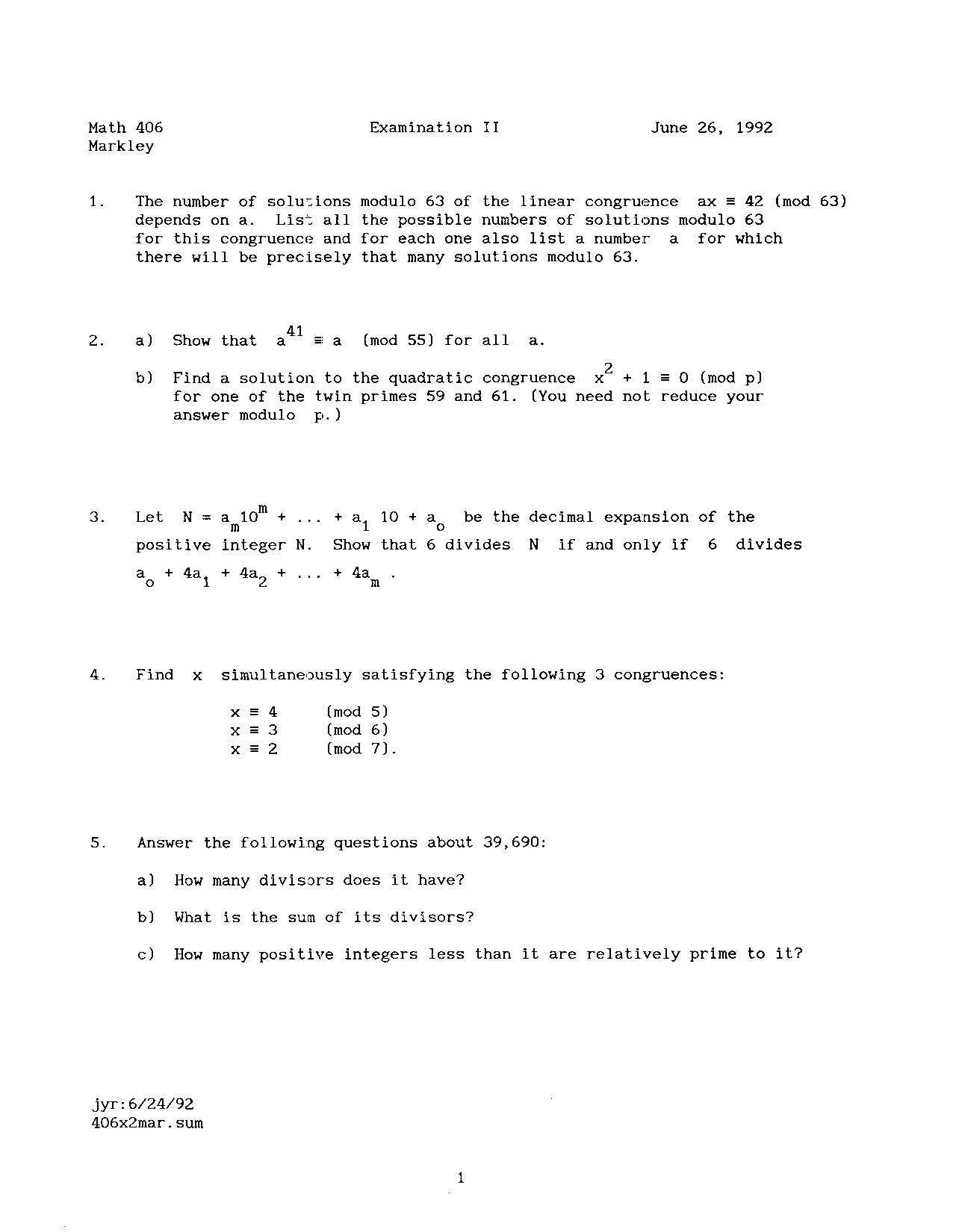 5 Questions For Exam 2 Introduction To Number Theory Math 406 Docsity