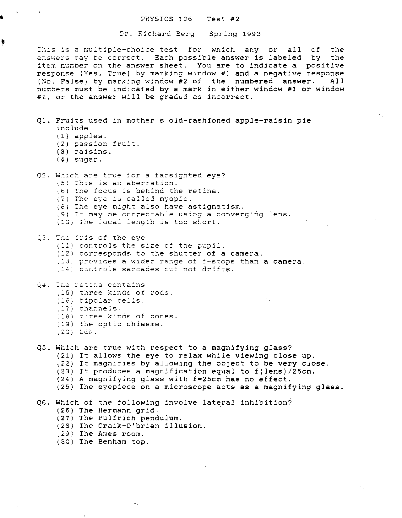 Test 2 With 20 Questions Light Perception Phenomenon Phys 106 Docsity