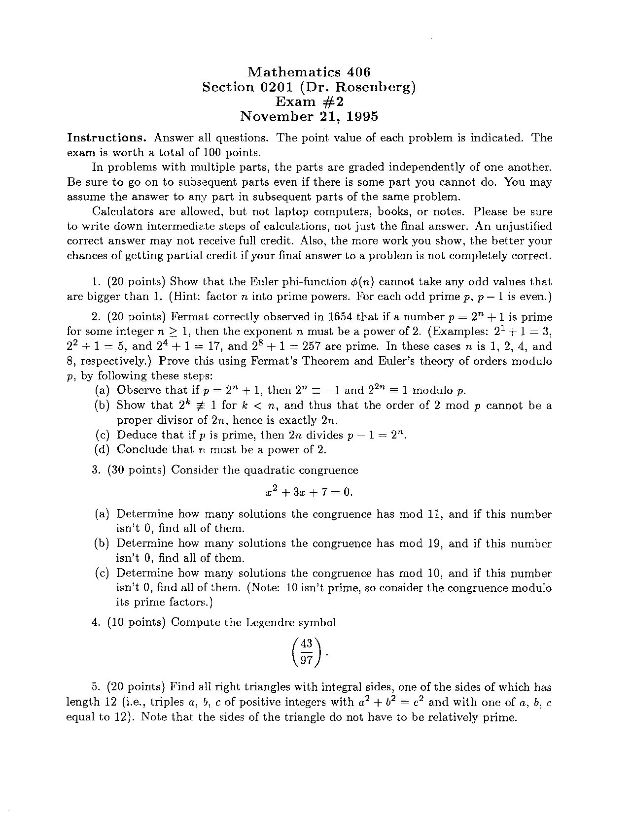 5 Problems On Linear Algebra Sample Exam 2 Math 405 Docsity