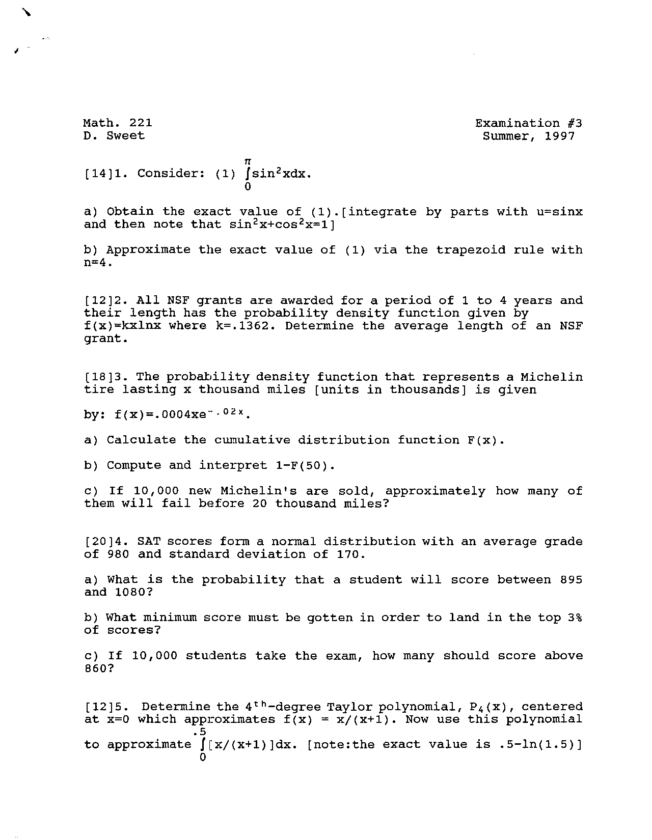 Examination 3 With 7 Questions Elementary Calculus Ii Math 221