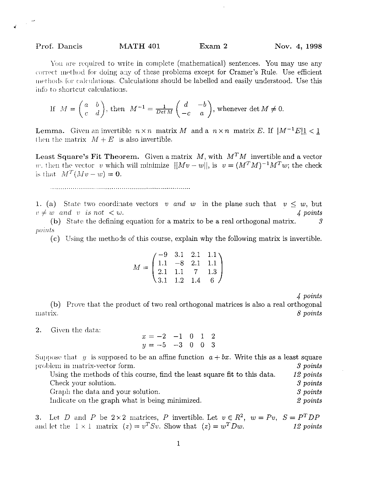 Exam 2 Questions - Applications of Linear Algebra | MATH 401 - Docsity
