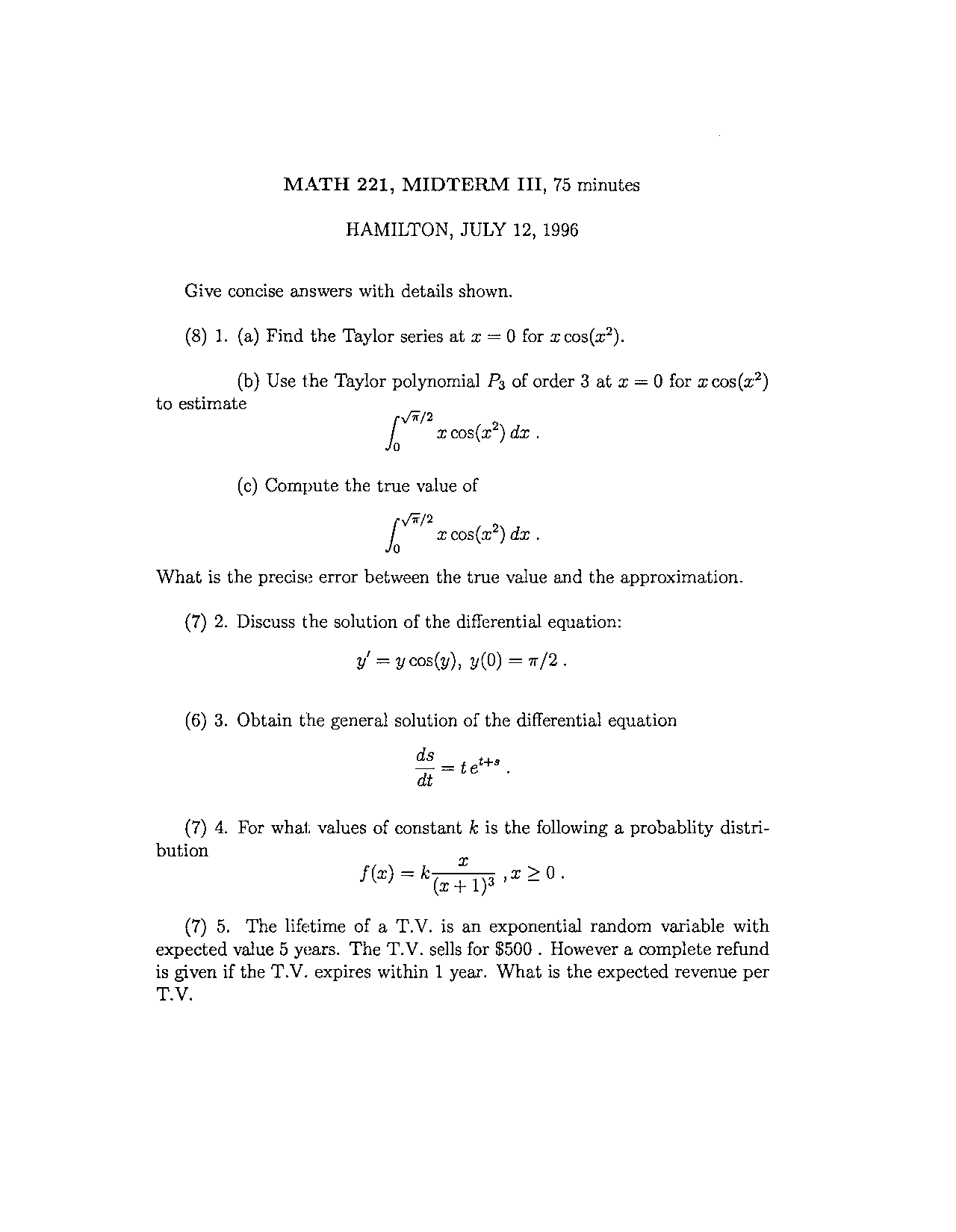 Midterm Exam 3 For Elementary Calculus I Math 221 Docsity