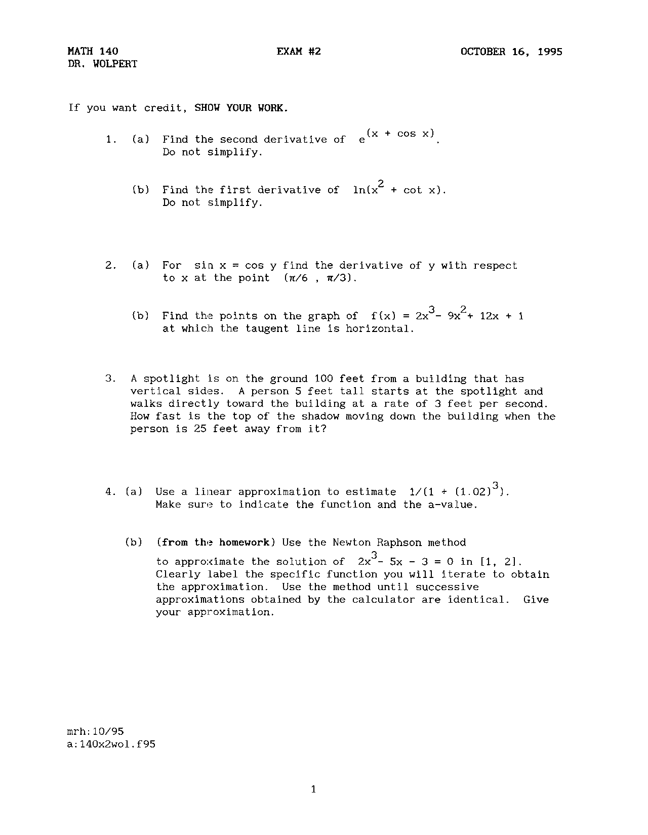 Exam 2 with Questions - Calculus I | MATH 140 - Docsity