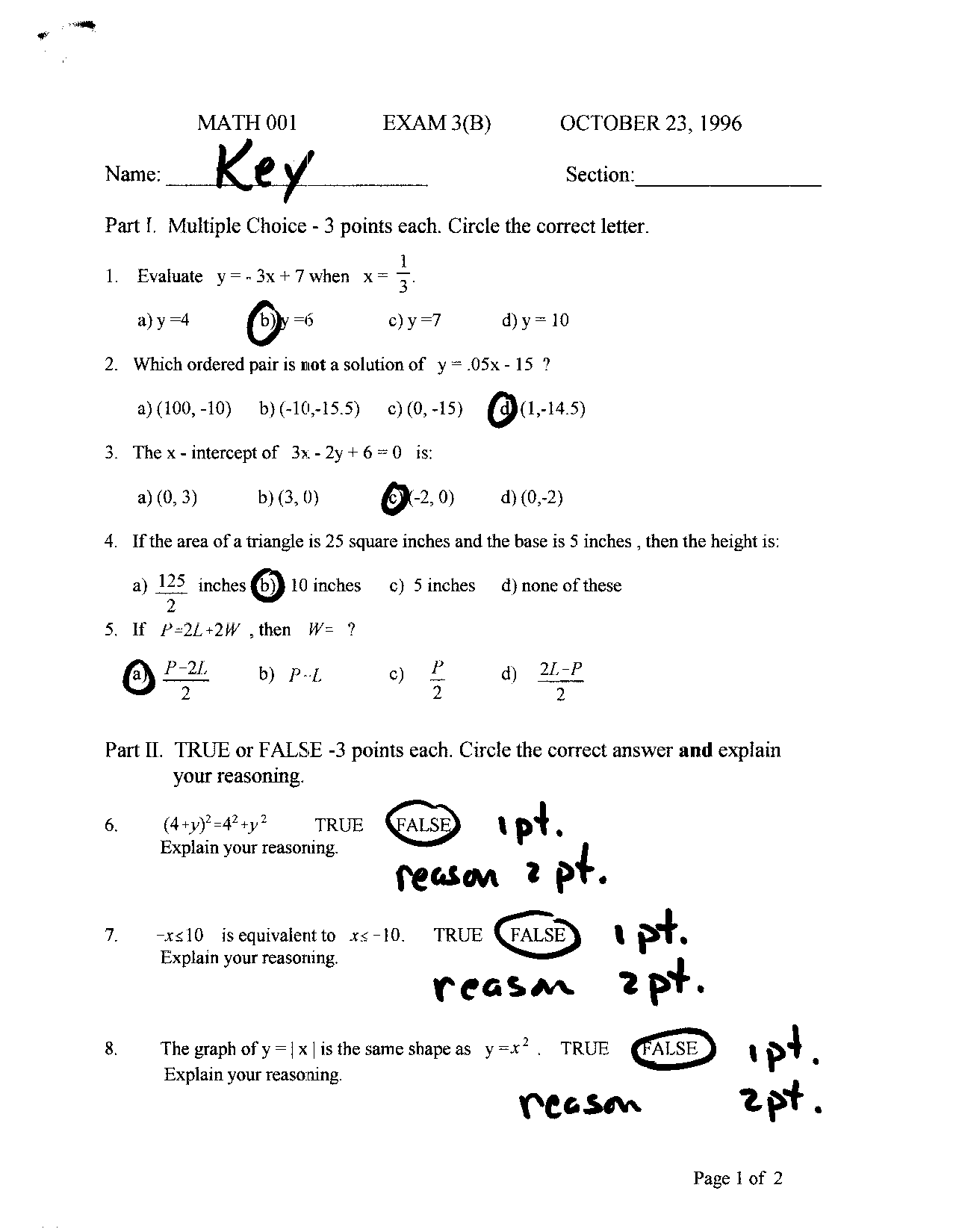 Old Exam 3b With Answers Developmental Mathematics Math 003 Docsity