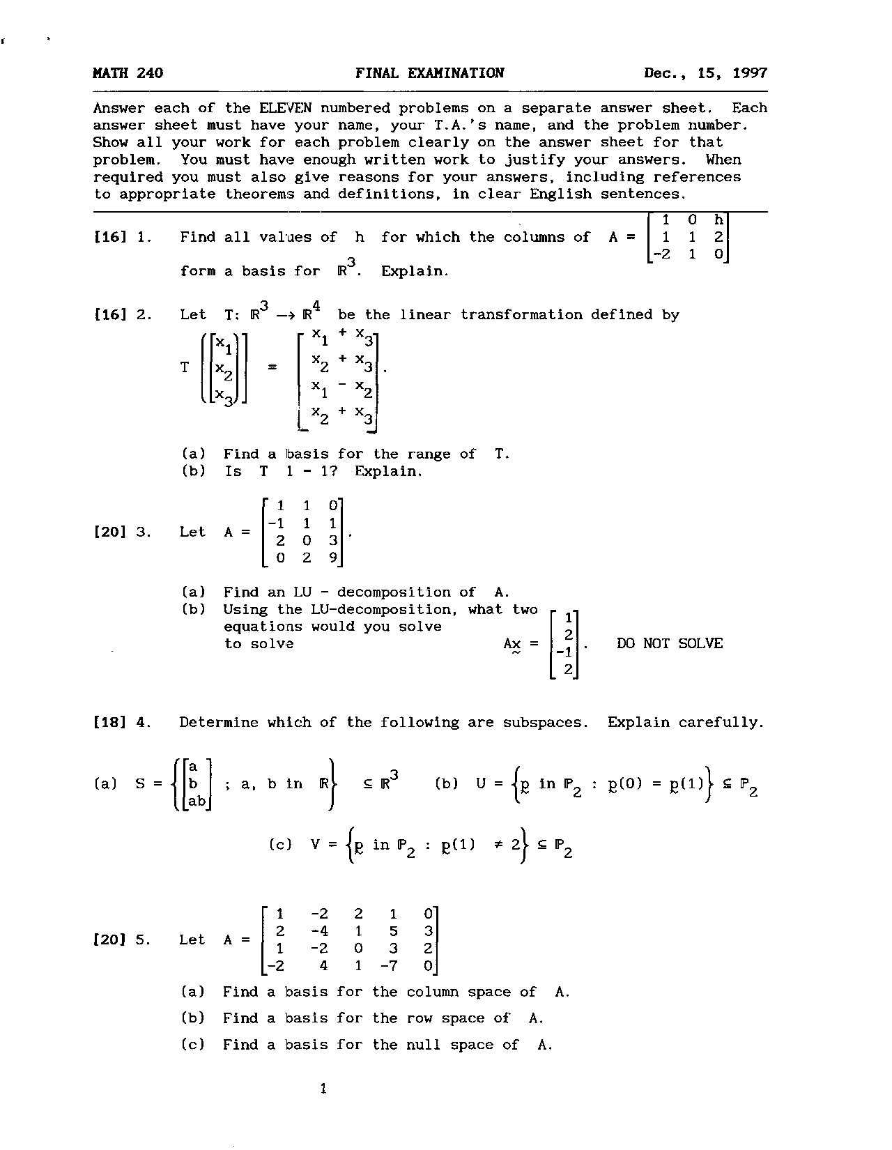 Final Examination Introduction To Linear Algebra Math 240 Docsity