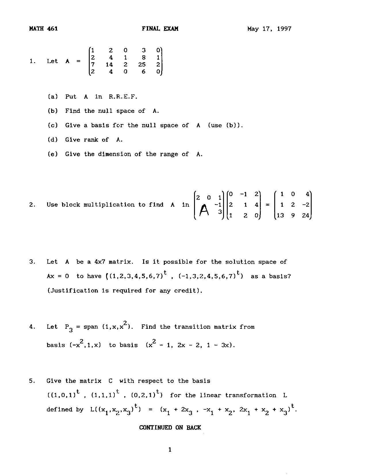 MATH 461 Final Exam Solutions - Prof. Jerome Dancis | Exams Linear ...