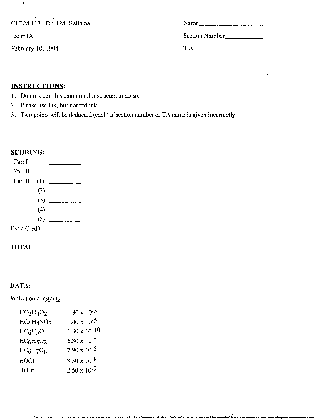 Exam 1A - General Chemistry Laboratory for Engineers | CHEM 113 - Docsity