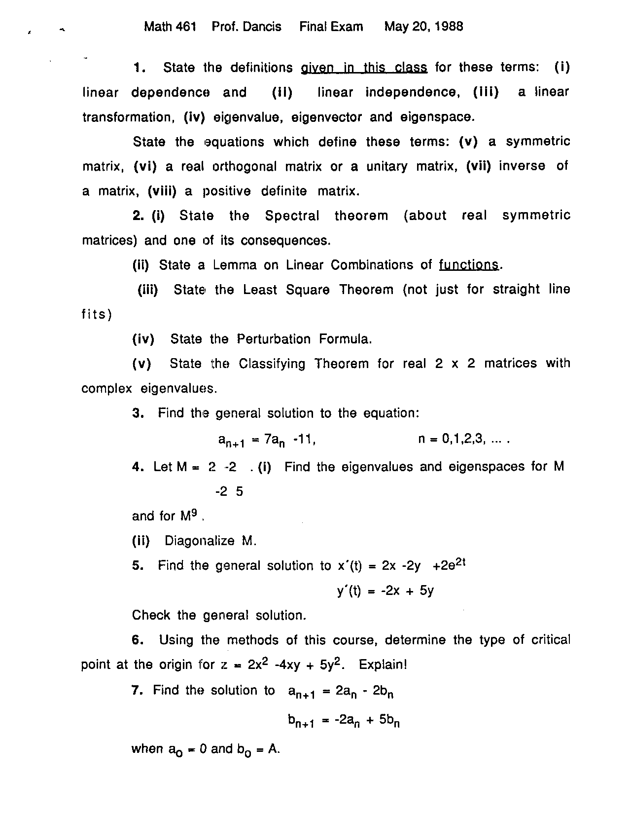 12 Solved Questions In Linear Algebra Final Exam Math 461 Docsity