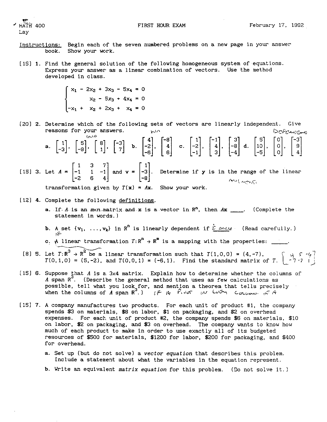 Vectors and Matrices - Midterm Exam | MATH 400 - Docsity