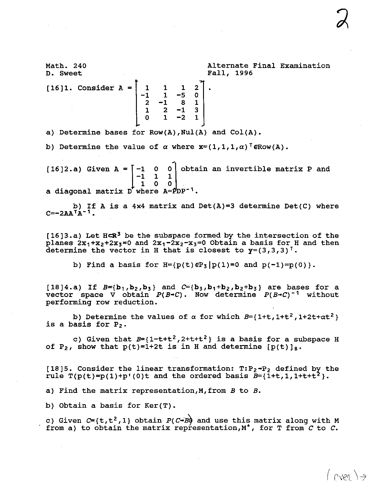 Alternate Final Exam - Introduction to Linear Algebra - Fall 1995 ...