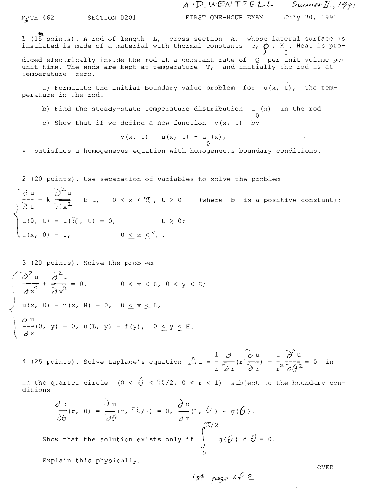 5 Problems On Partial Differential Equations Exam 1 Math 462 Docsity