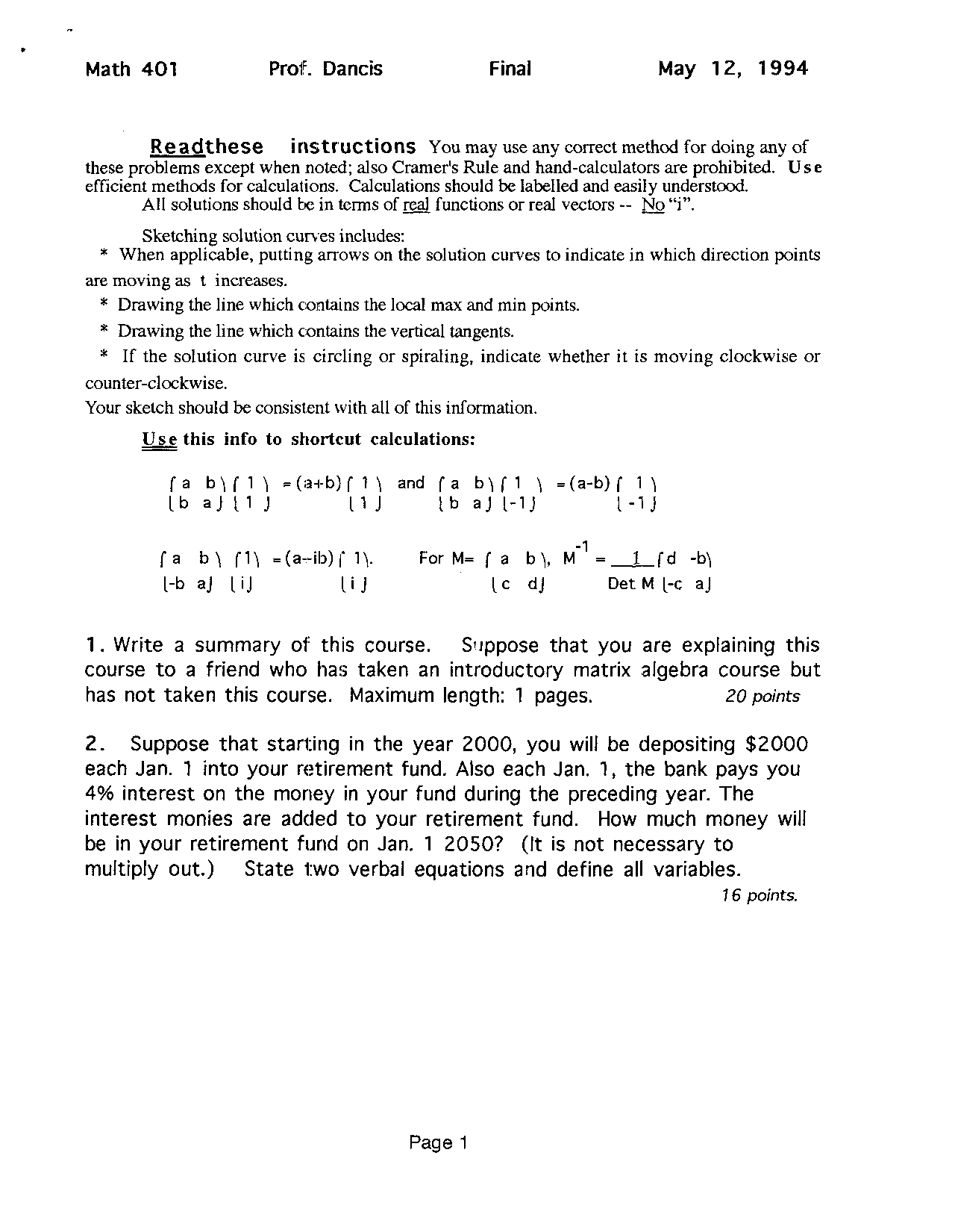 13 Questions Final Exam Applications Of Linear Algebra Math 401