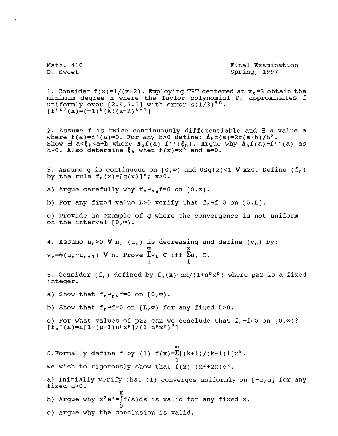 8 Problems on Advanced Calculus I - Final Examination | MATH 410 - Docsity