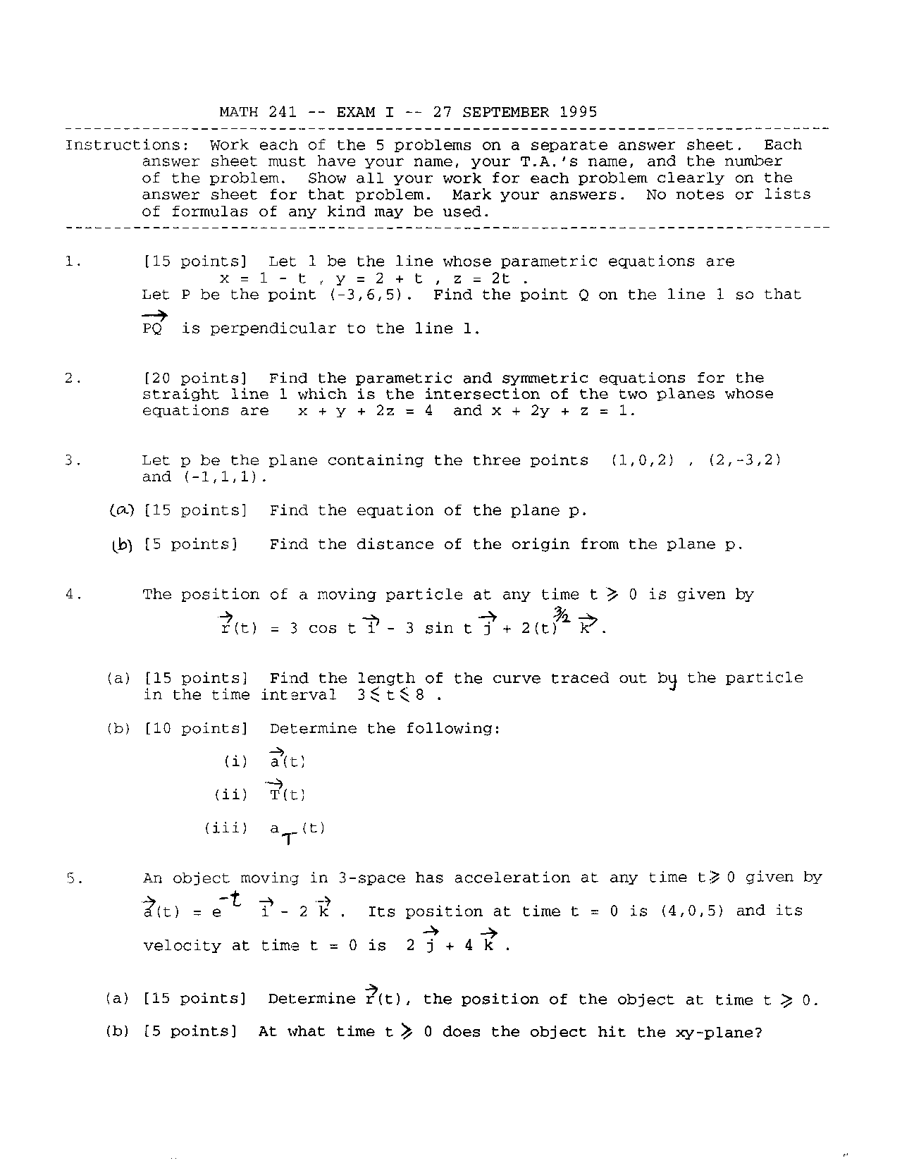 Past Exam 1 Questions - Calculus III | MATH 241 - Docsity