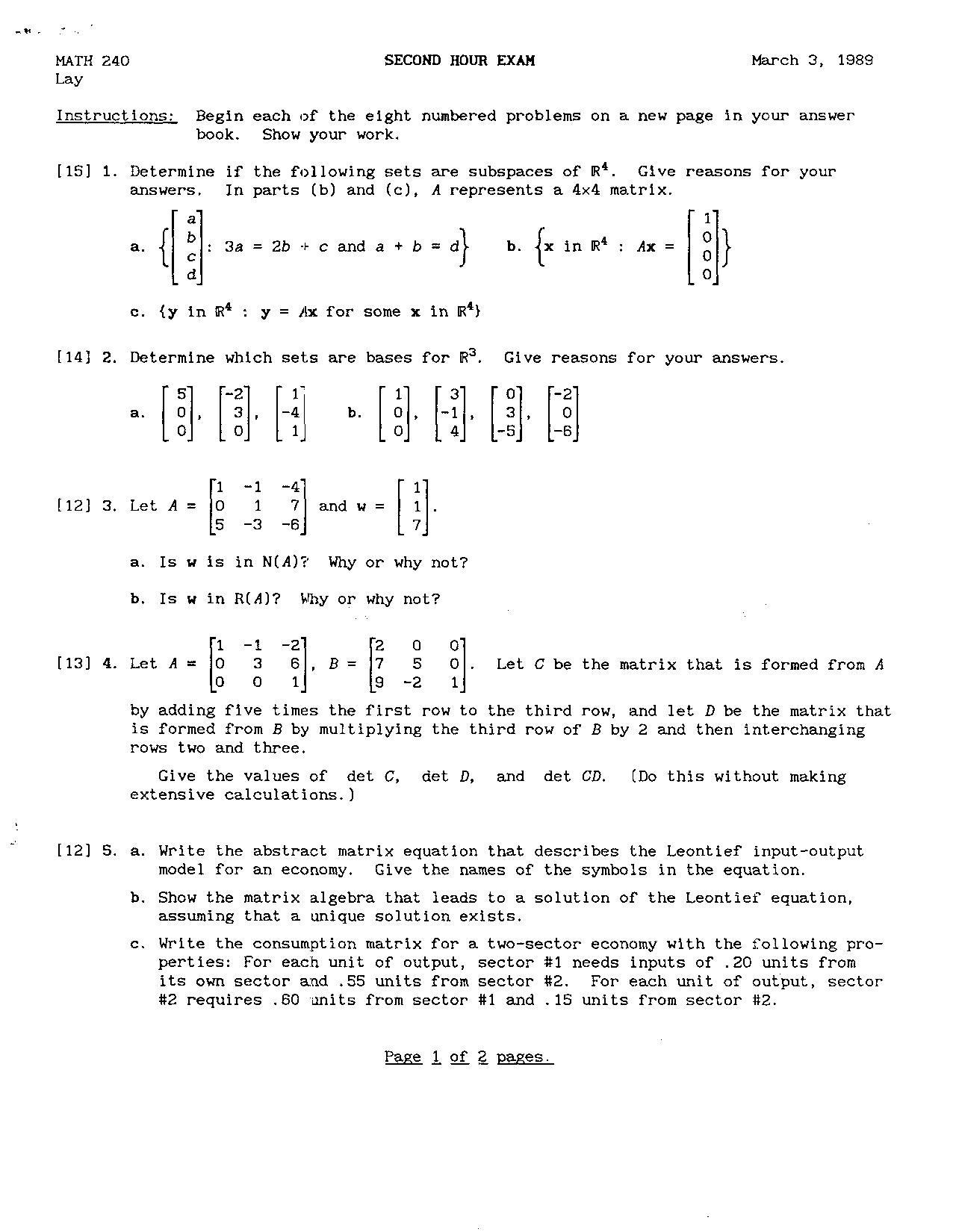 Second Hour Exam Introduction Linear Algebra Math 240 Docsity