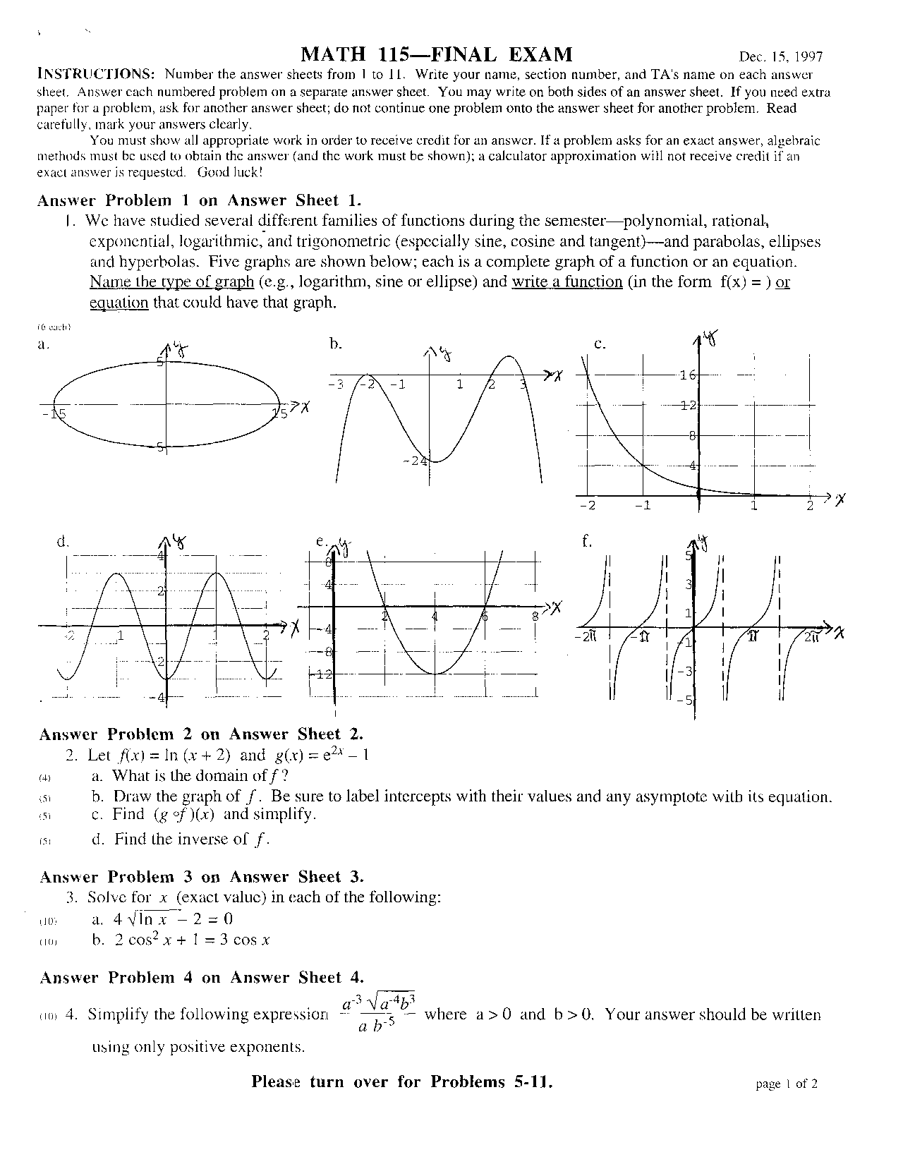 Final Exam Questions - Precalculus | MATH 115 | Exams Pre-Calculus ...