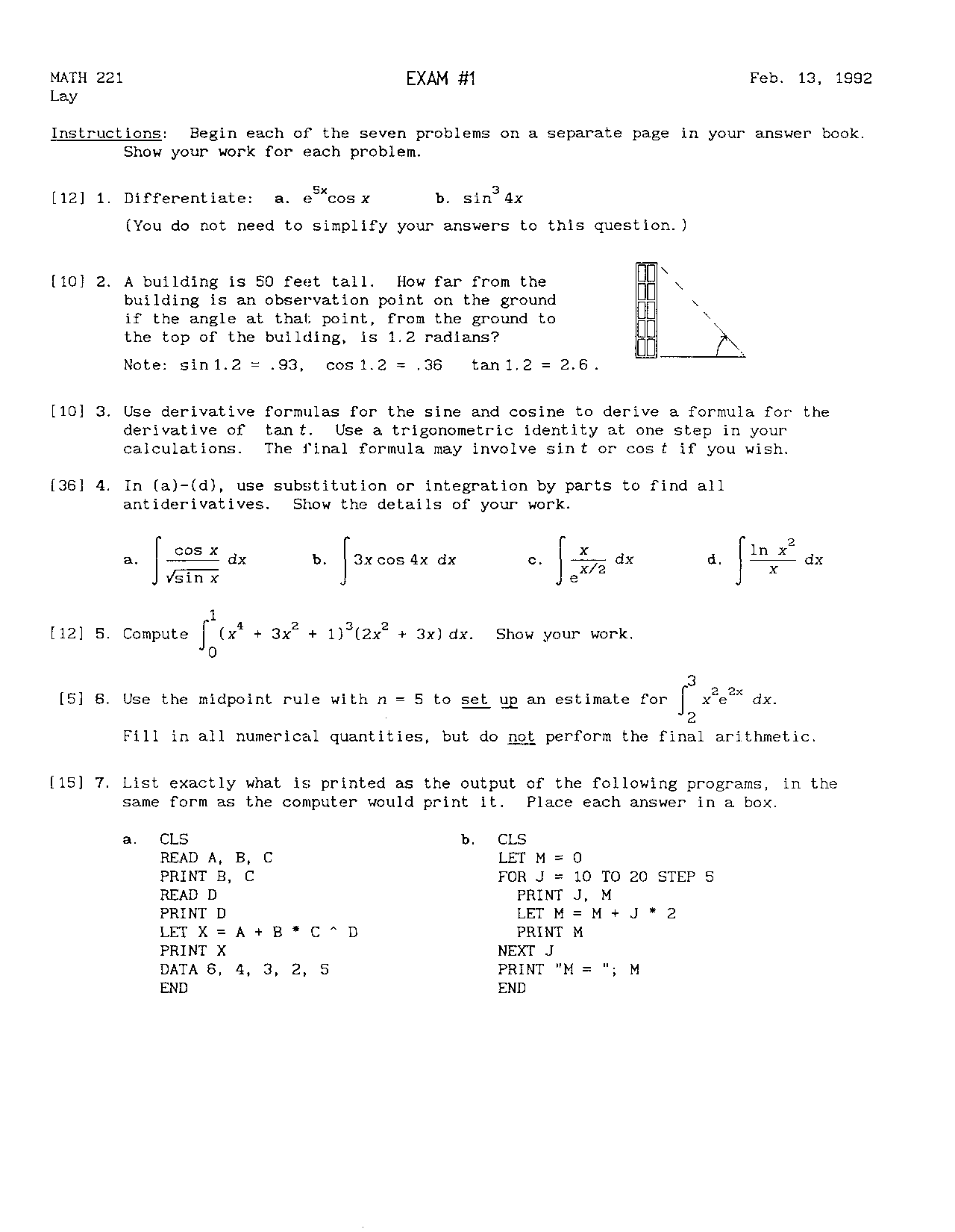7 Questions Elementary Calculus I Exam I Math 221 Docsity