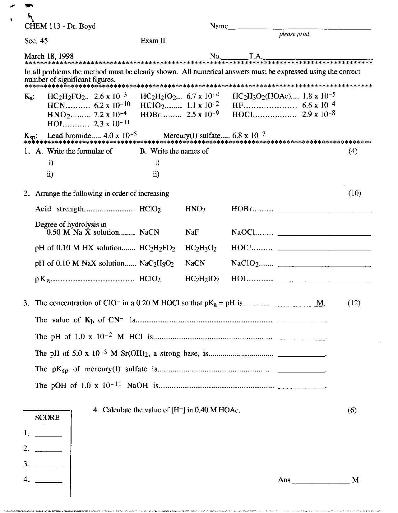 Exam 2 for General Chemistry Laboratory for Engineers | CHEM 113 - Docsity